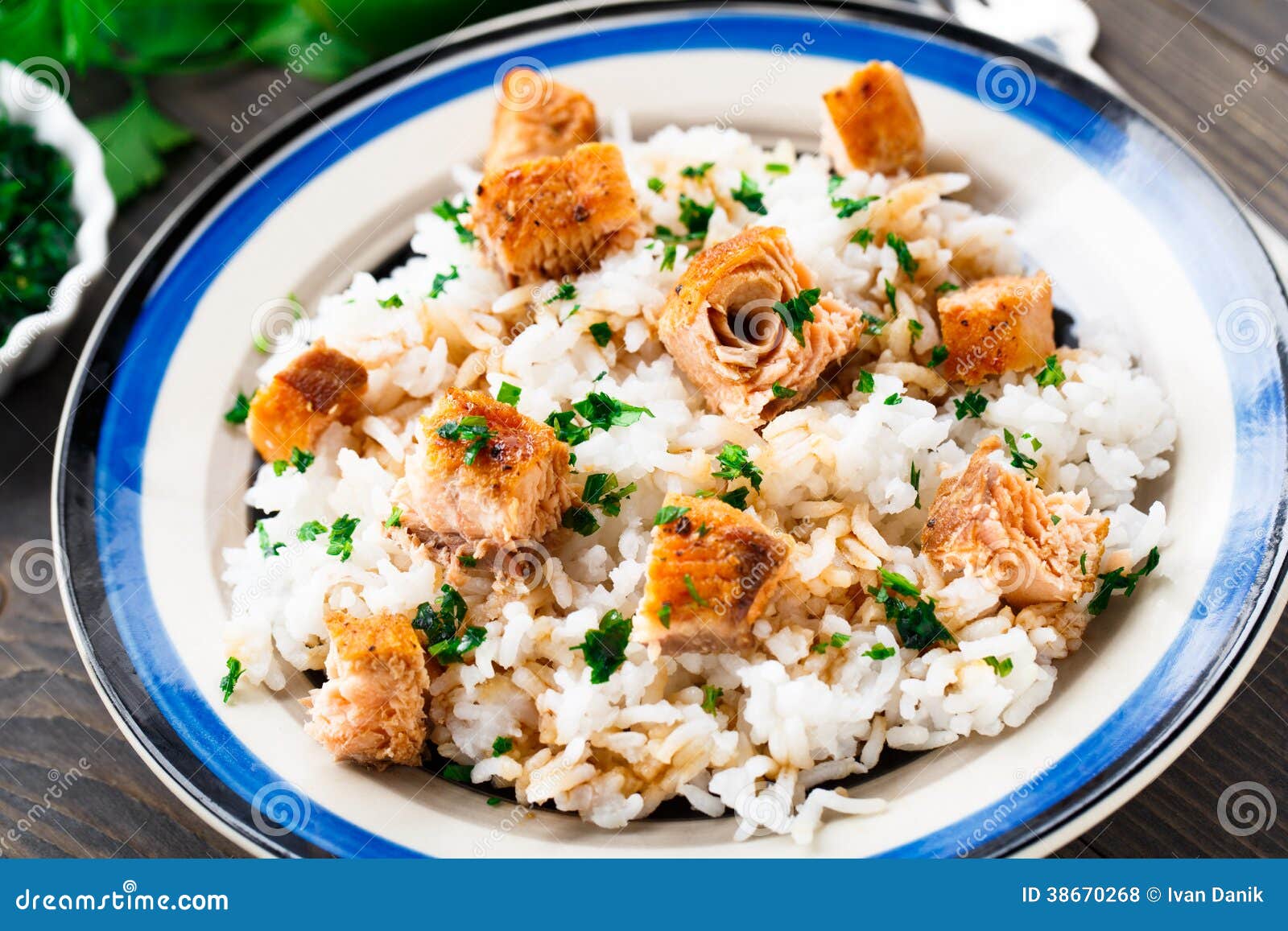 Baked salmon with rice stock photo. Image of table, fork - 38670268