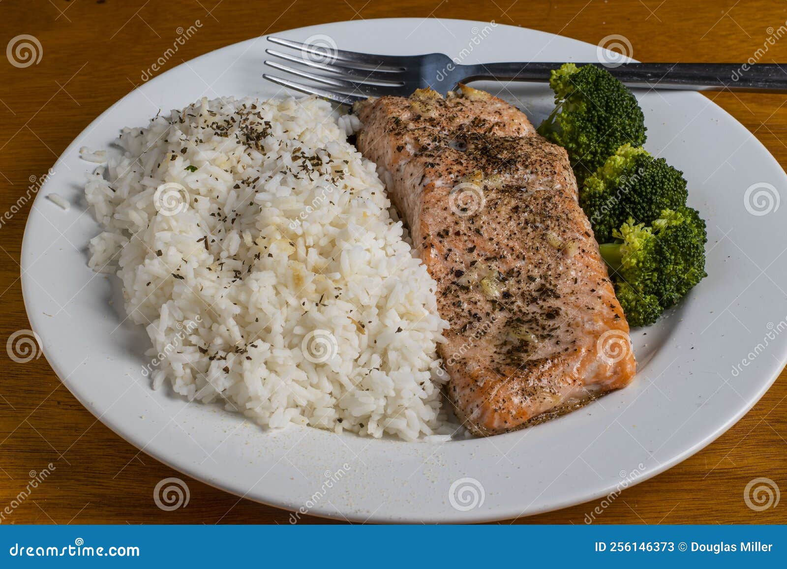 Baked Season Salmon with Rice and Broccoli Stock Image - Image of fish ...