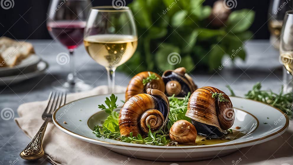 Baked Snails with Herbs on the Table Stock Illustration - Illustration ...