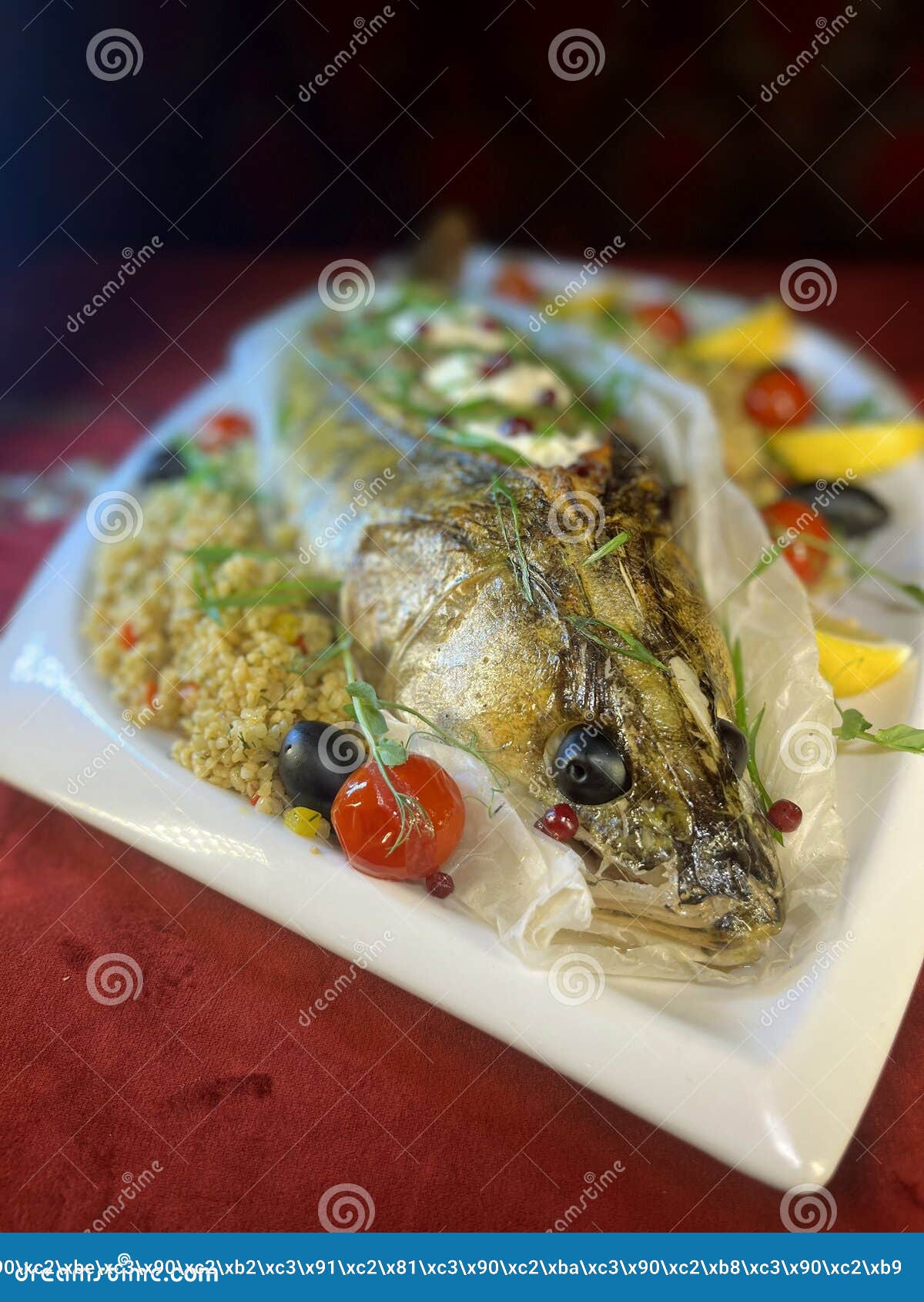Baked Stuffed Pike Perch with a Side Dish. Fish Dish in a Restaurant ...
