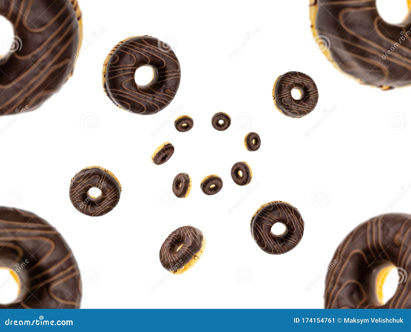 Baked Unhealthy Round. Falling Chocolate Donuts Isolated on White ...