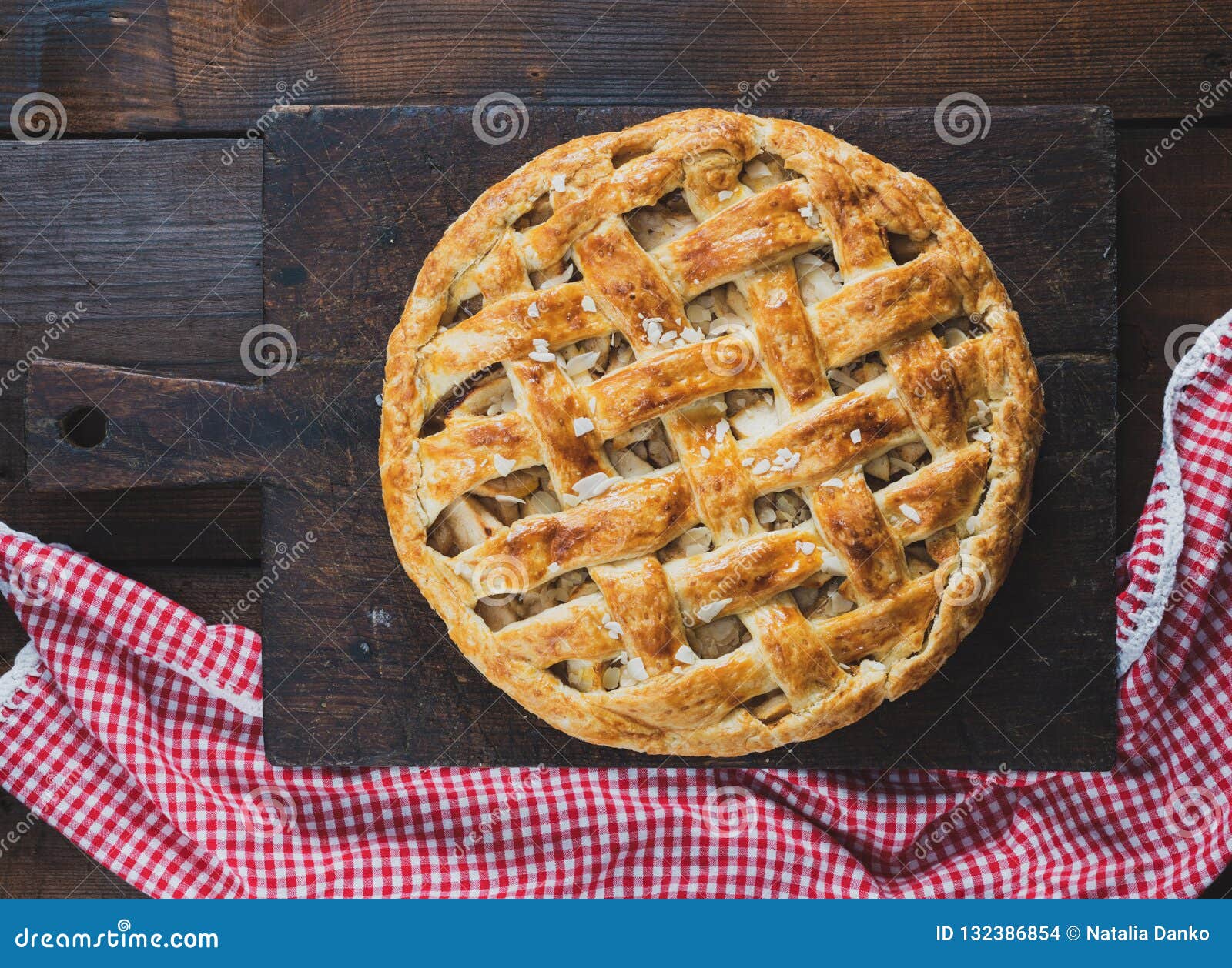 Baked Whole Round Apple Pie on a Rectangular Old Brown Board Stock ...