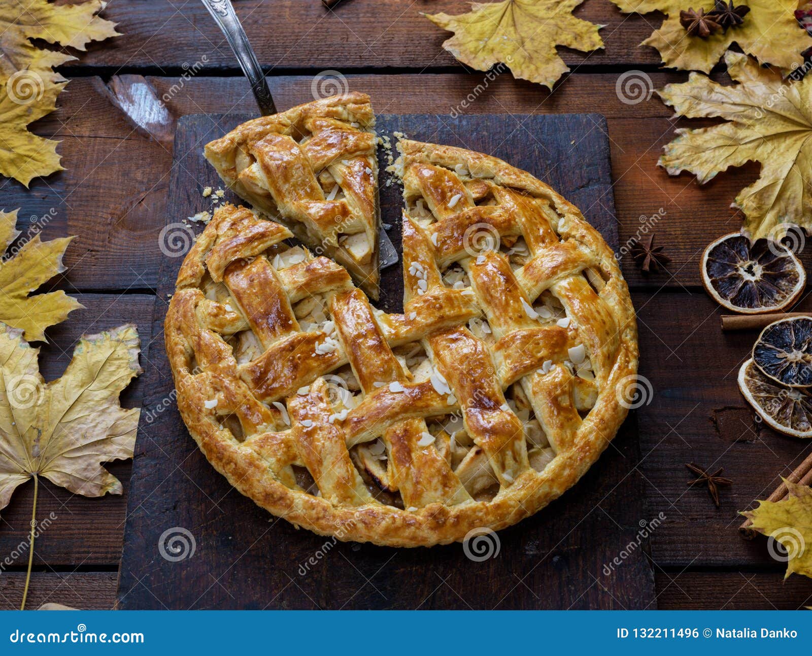 Baked Whole Round Apple Pie on a Rectangular Old Brown Cutting B Stock ...
