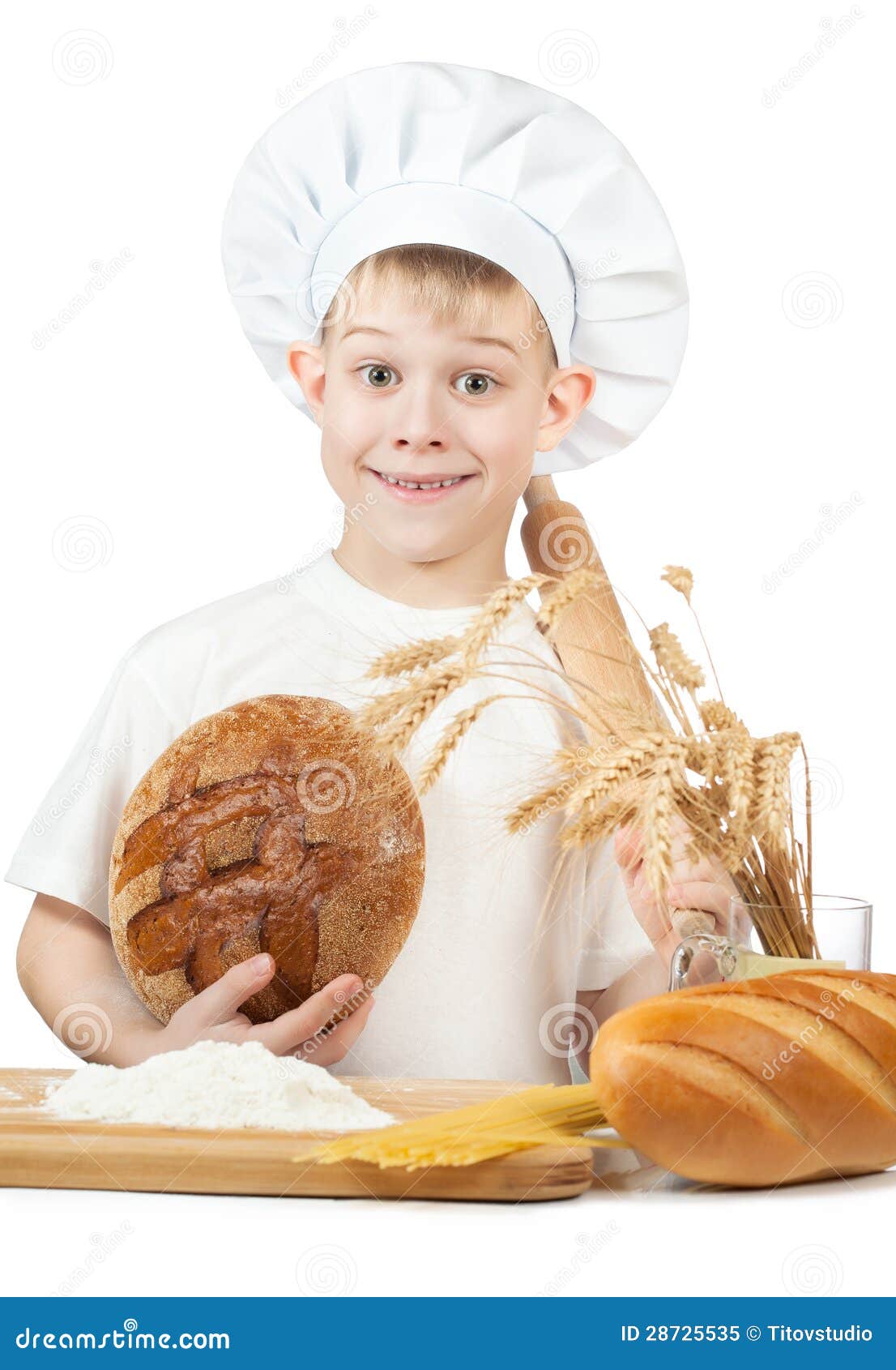 Baker Boy with a Loaf of Rye Bread and Rolling Pin Stock Image - Image ...