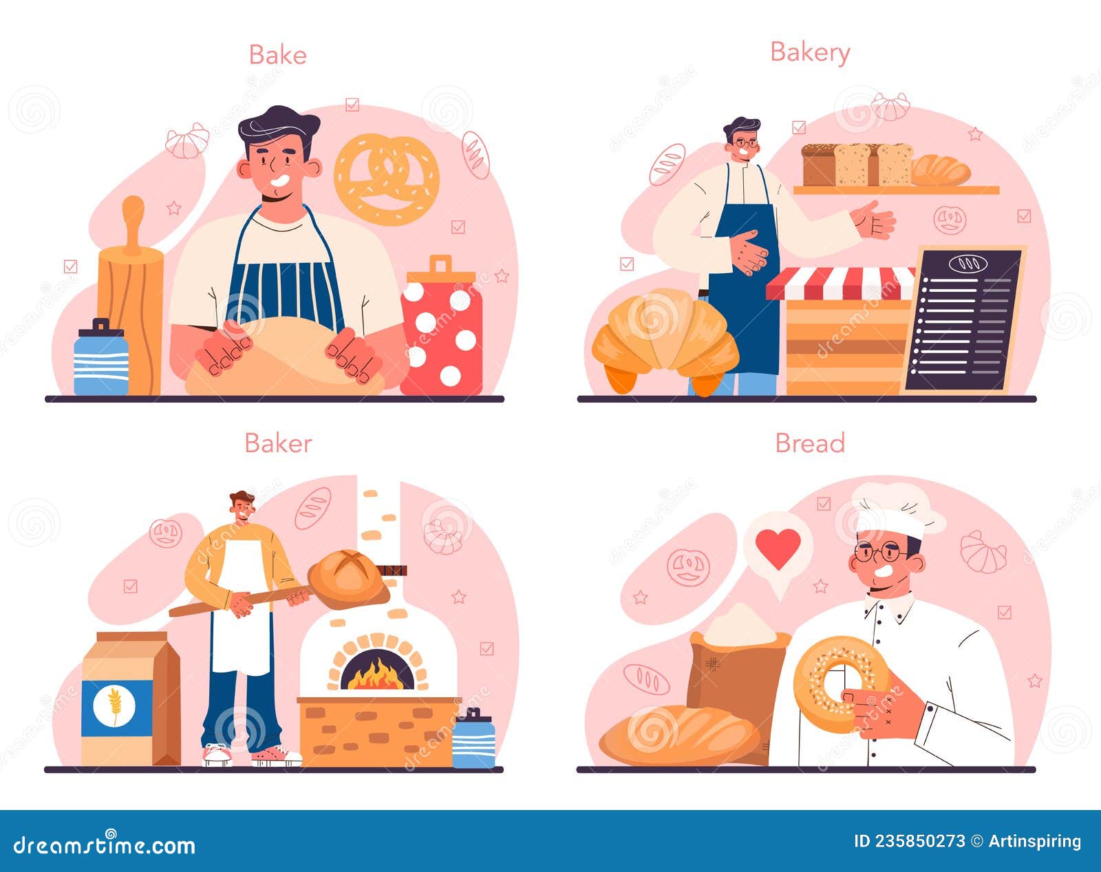 Baker Concept Set. Chef in the Uniform Baking Bread. Baking Pastry ...