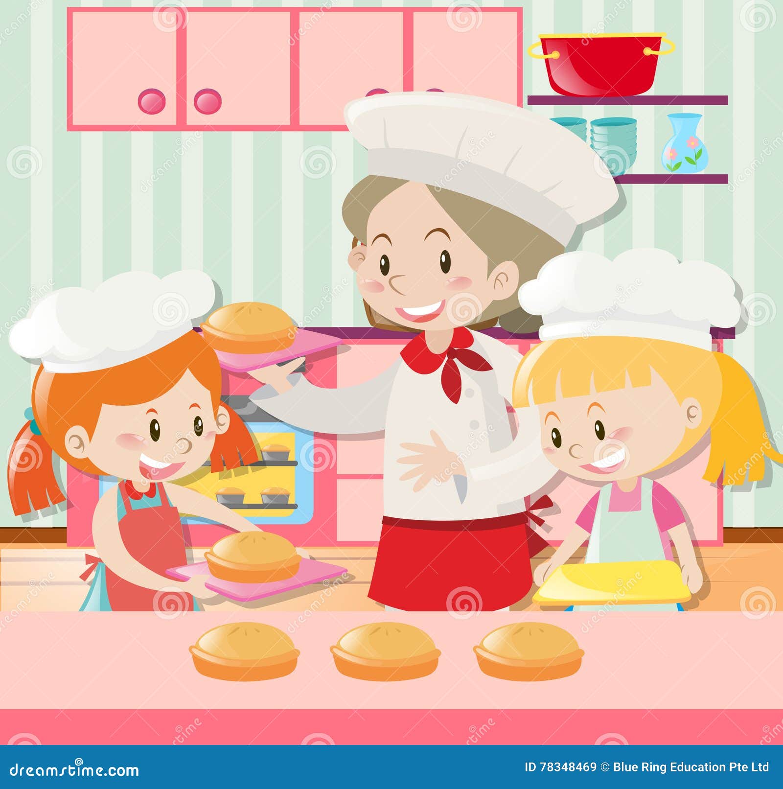 Baker En Twee Meisjes Die Pastei Bakken Vector Illustratie ...