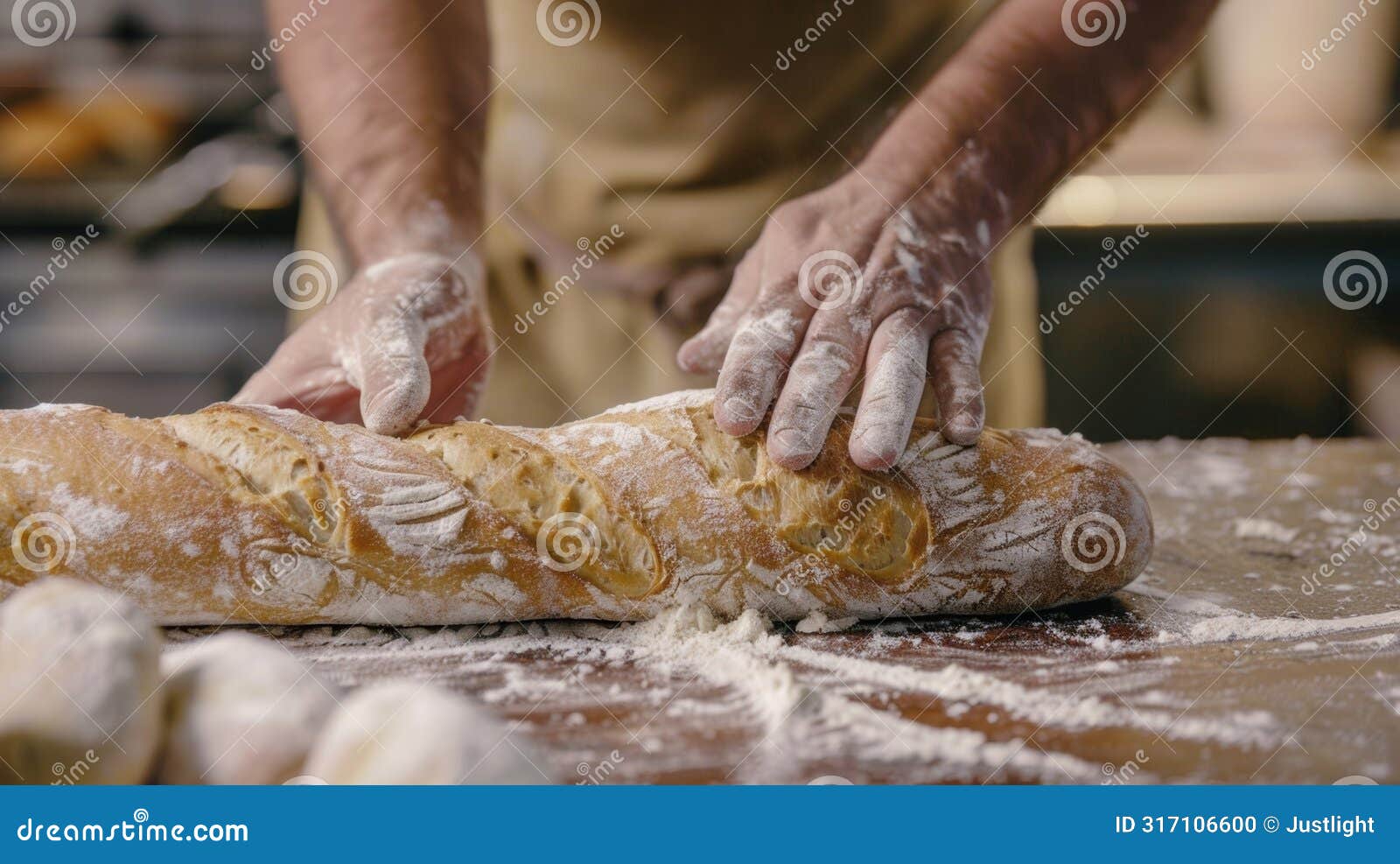 A Baker Expertly Shaping a Long Slender Loaf of Bread Their Movements ...