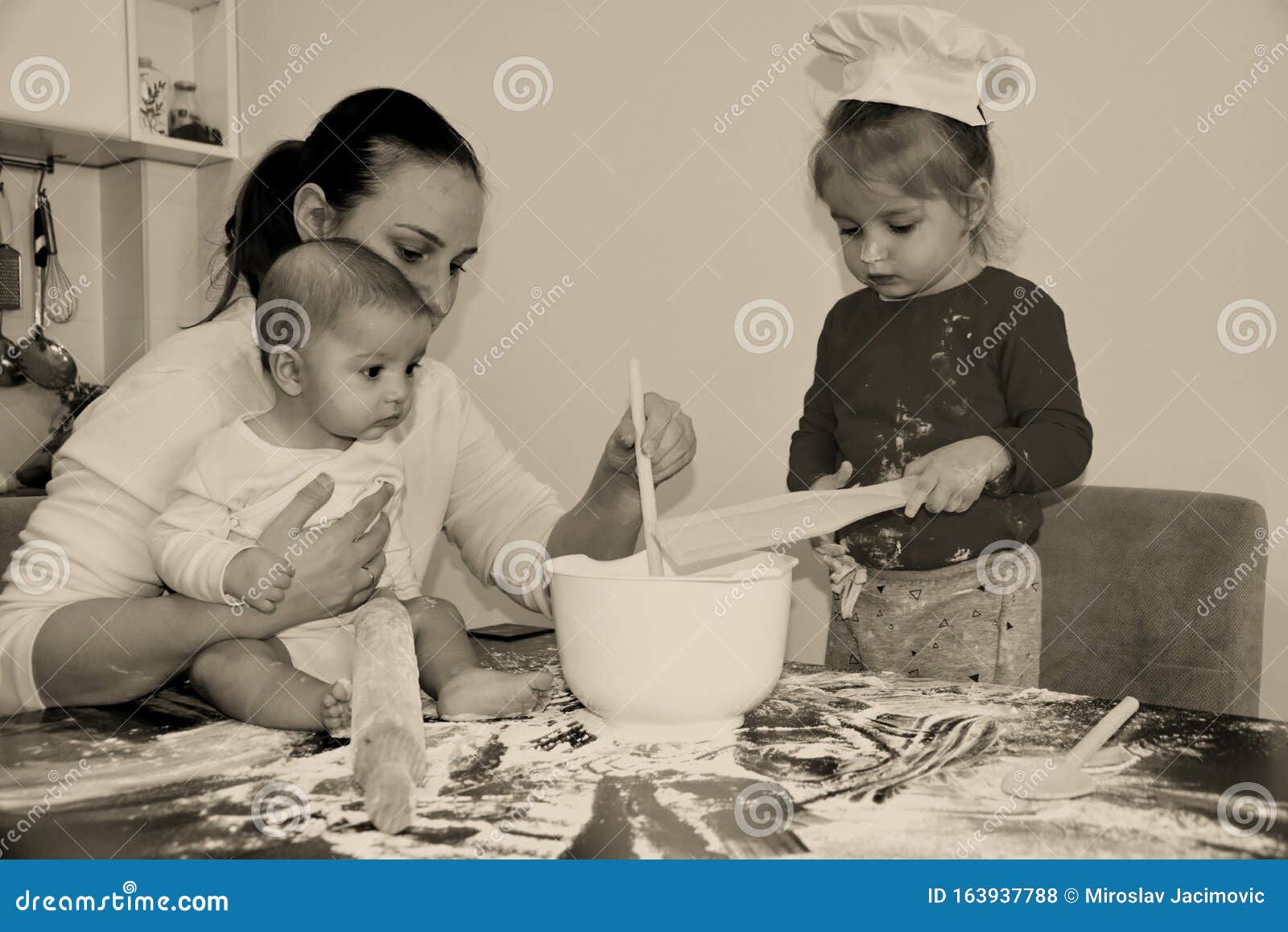 Baker Family, Mum with Two Kids in the Kitchen Stock Photo - Image of ...