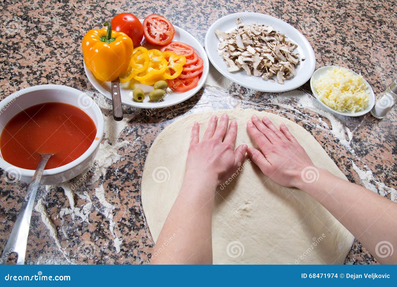 Baker Flattening Dough with Hands and Preparing it for Making ...