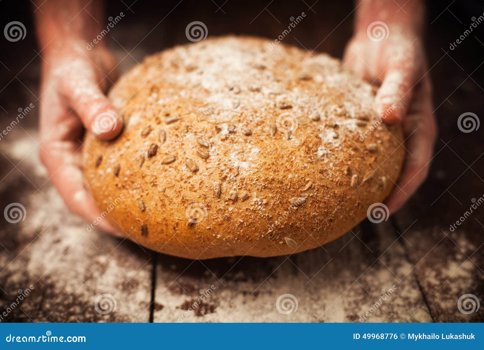 Baker Hands with Fresh Bread on Table Stock Photo - Image of close ...