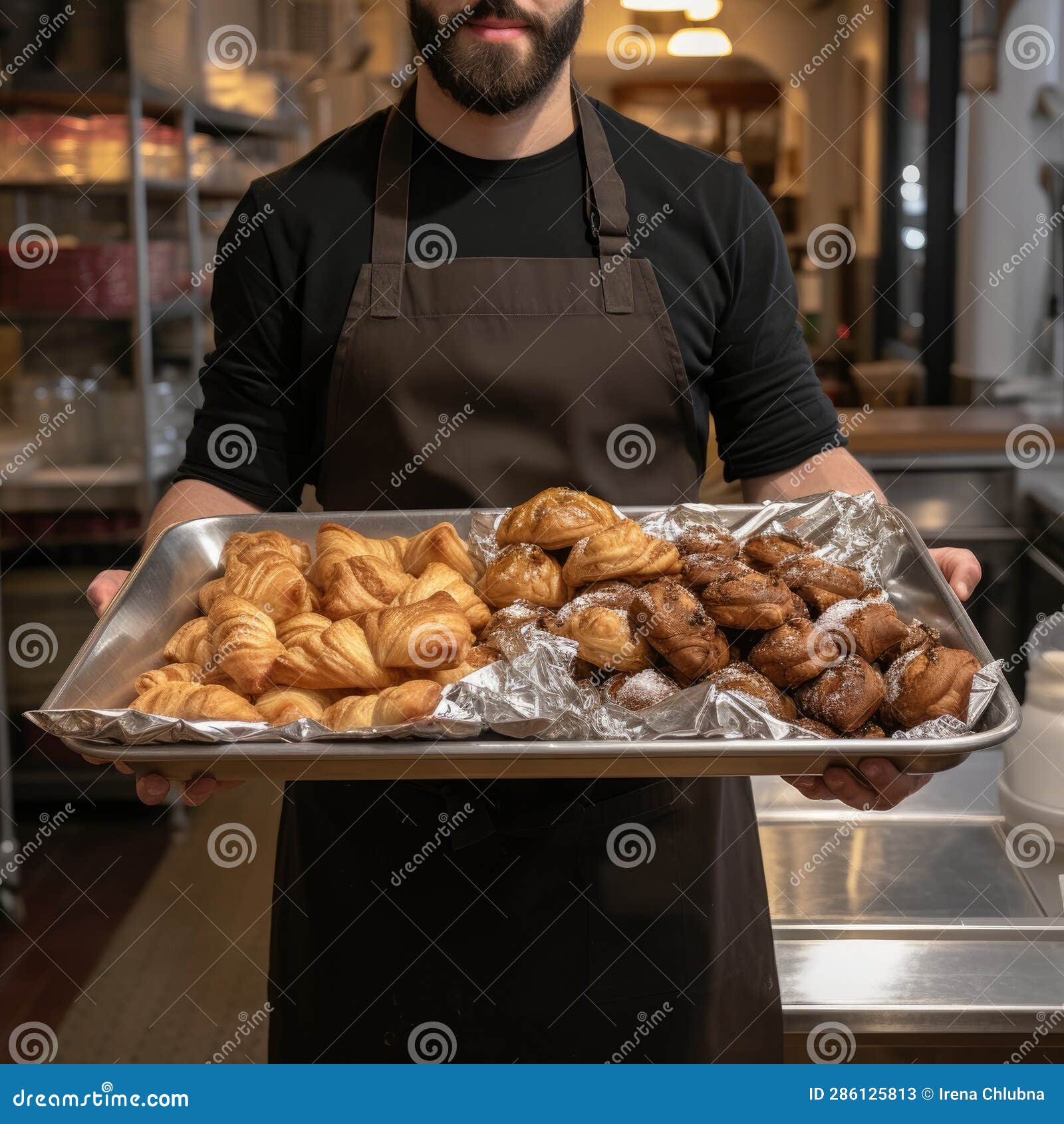 Baker Holding a Tray Full of Breads Inside a Bakery Stock Illustration ...