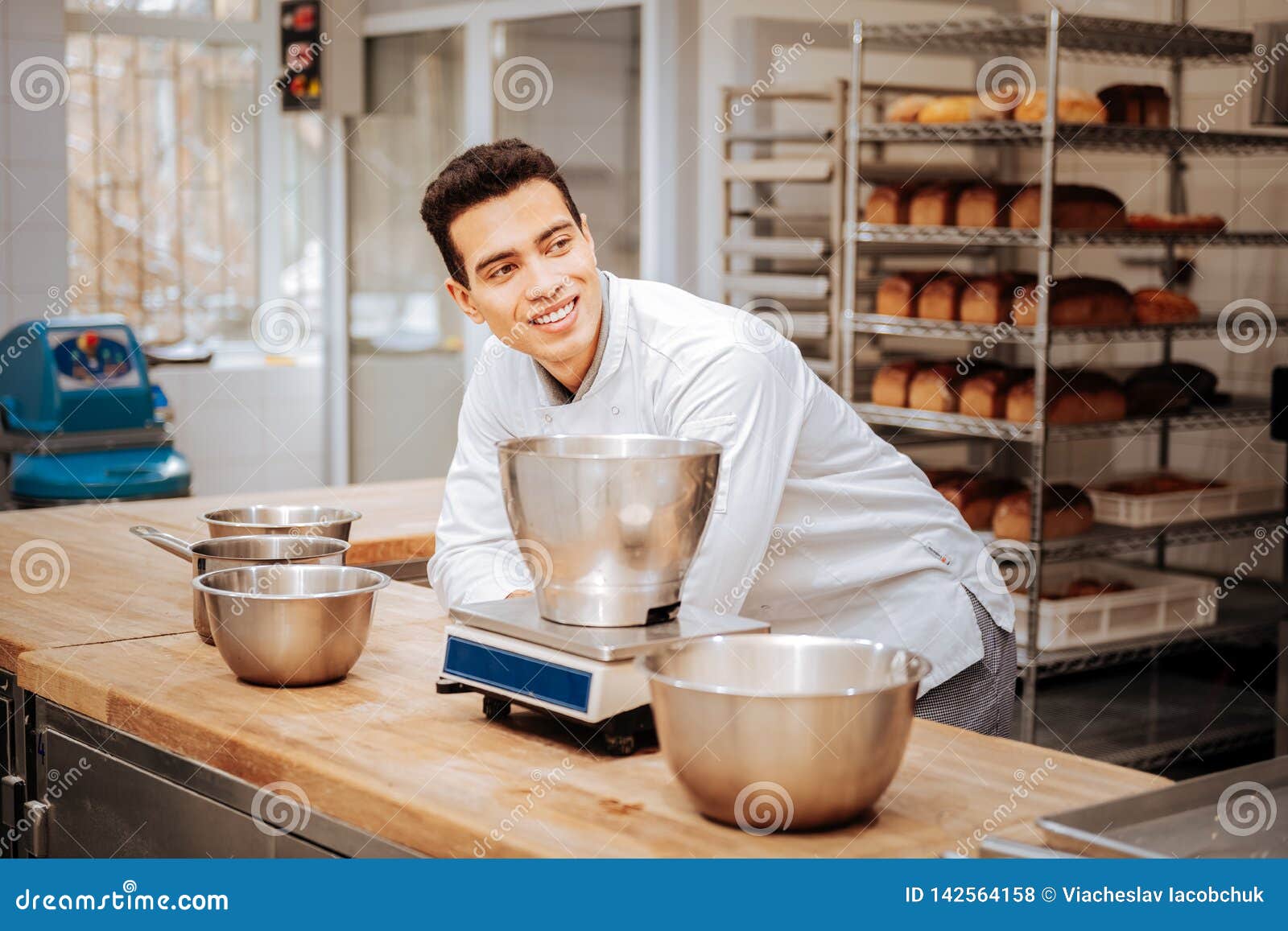 Baker Standing in the Modern Kitchen Near Kitchen Scale Stock Photo ...