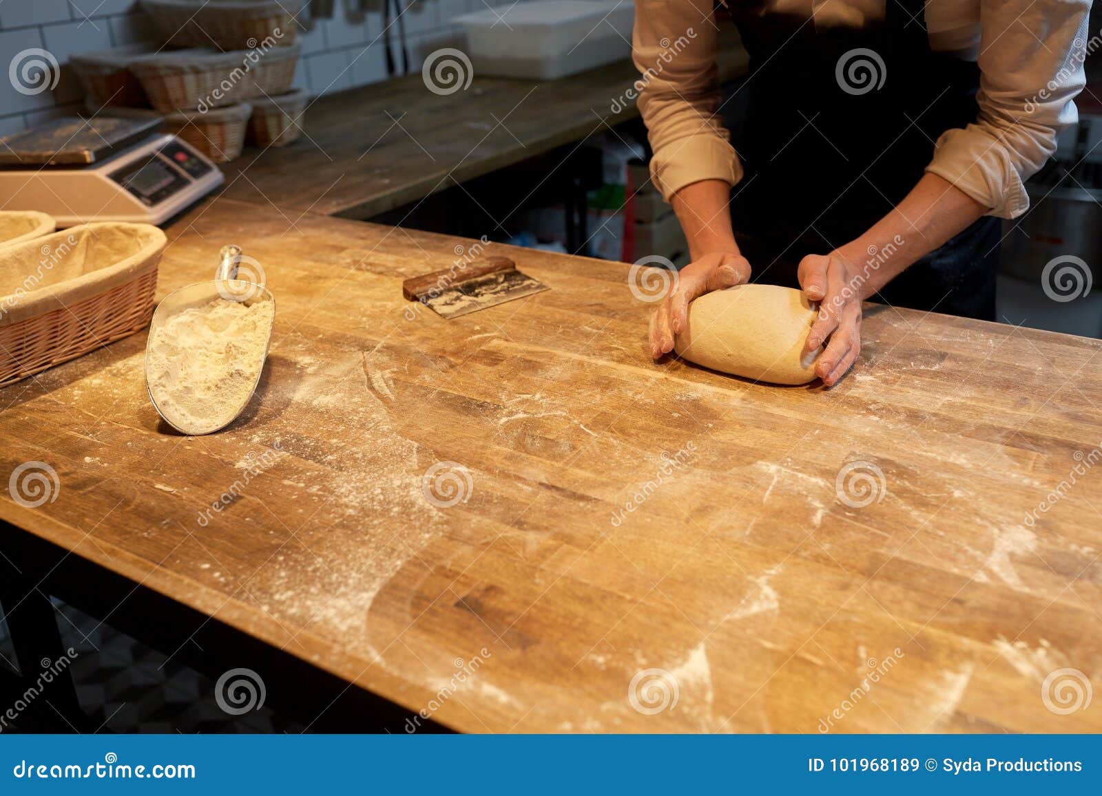 Baker Making Bread Dough at Bakery Kitchen Stock Image - Image of ...