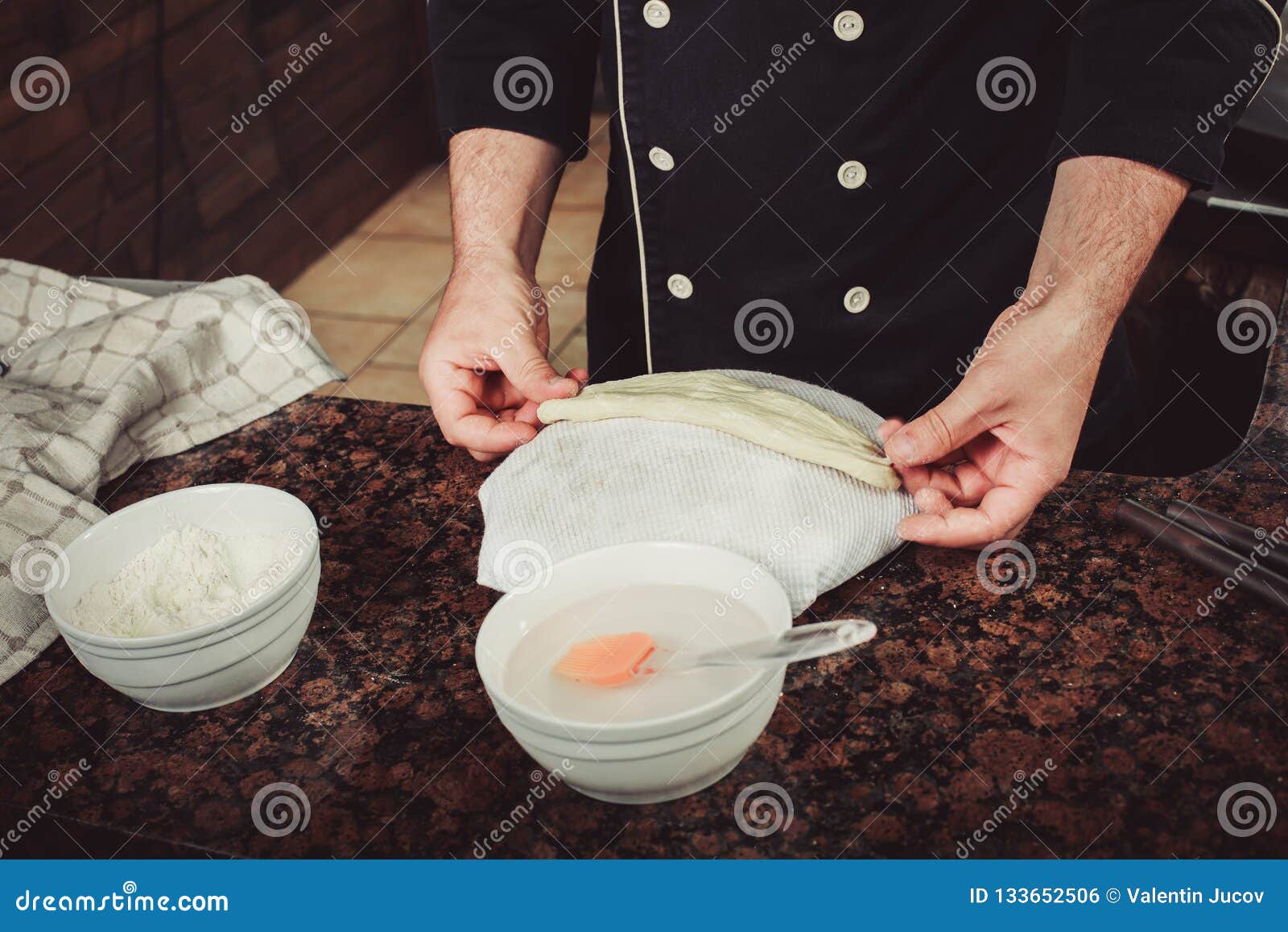 Baker Making Turkish Pita Bread in His Bakery. Baking Process Bread ...