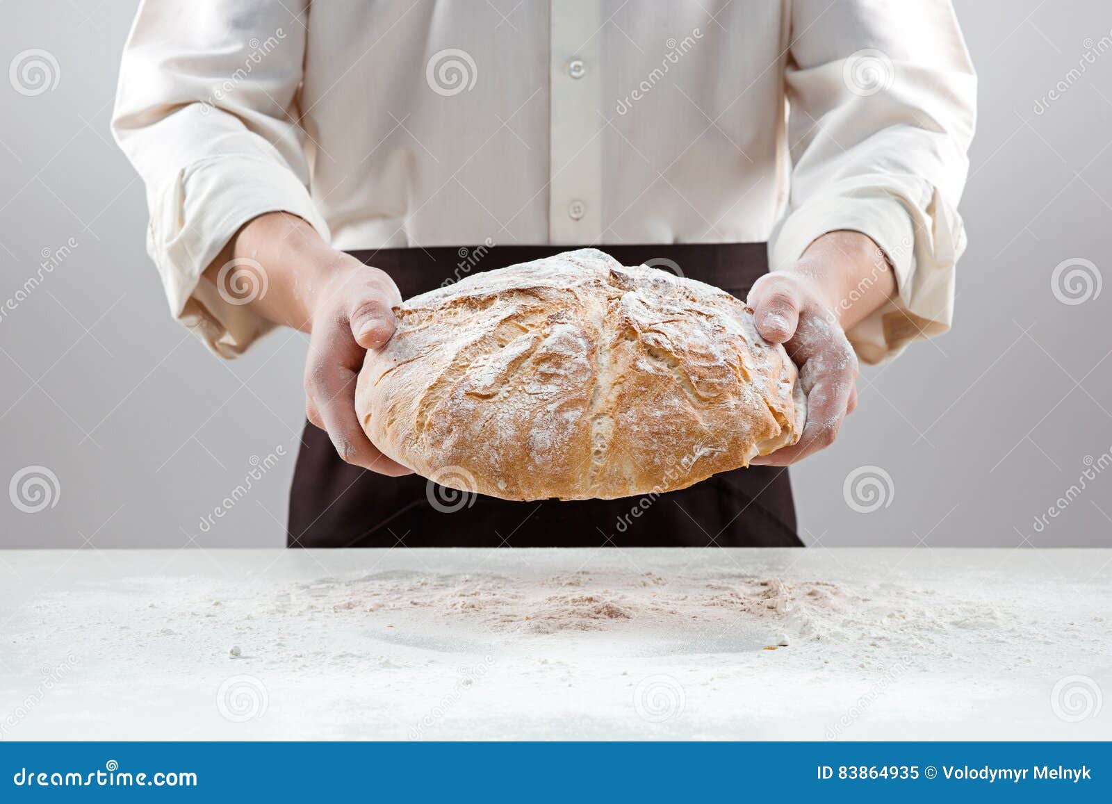 Baker Man Holding Rustic Organic Loaf of Bread in Hands Stock Image ...