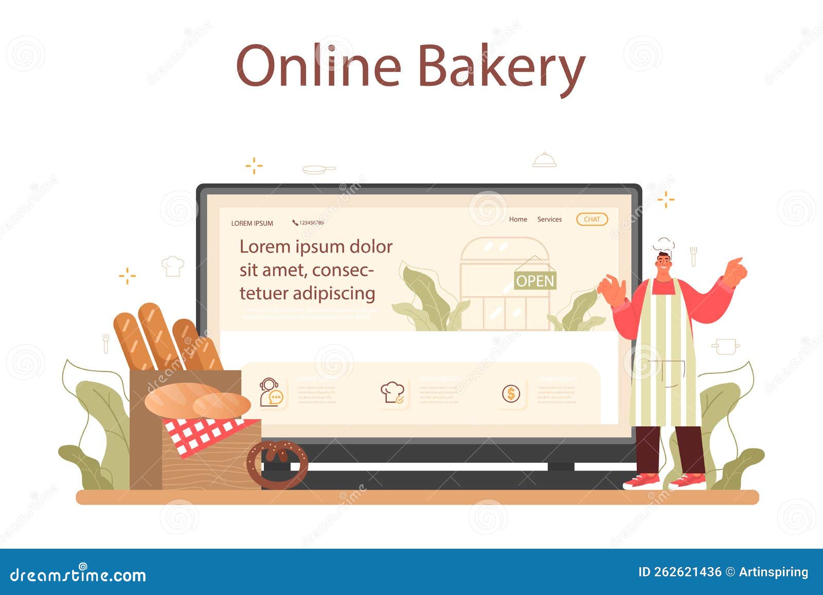 Baker Online Service or Platform. Chef in the Uniform Baking Bread ...