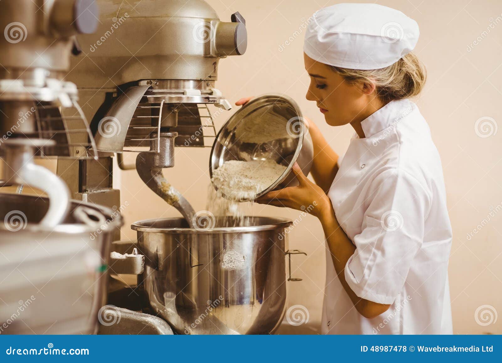 Baker Pouring Flour into Large Mixer Stock Photo - Image of culina ...
