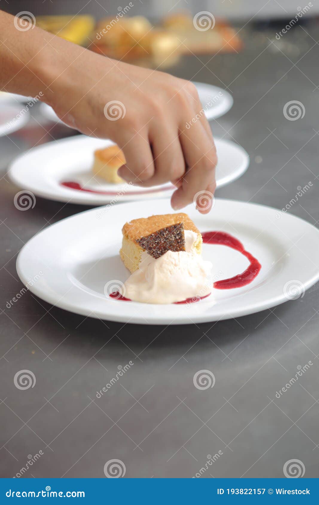 Baker Pouring the Sweets on the Delicious Cake Stock Image - Image of ...