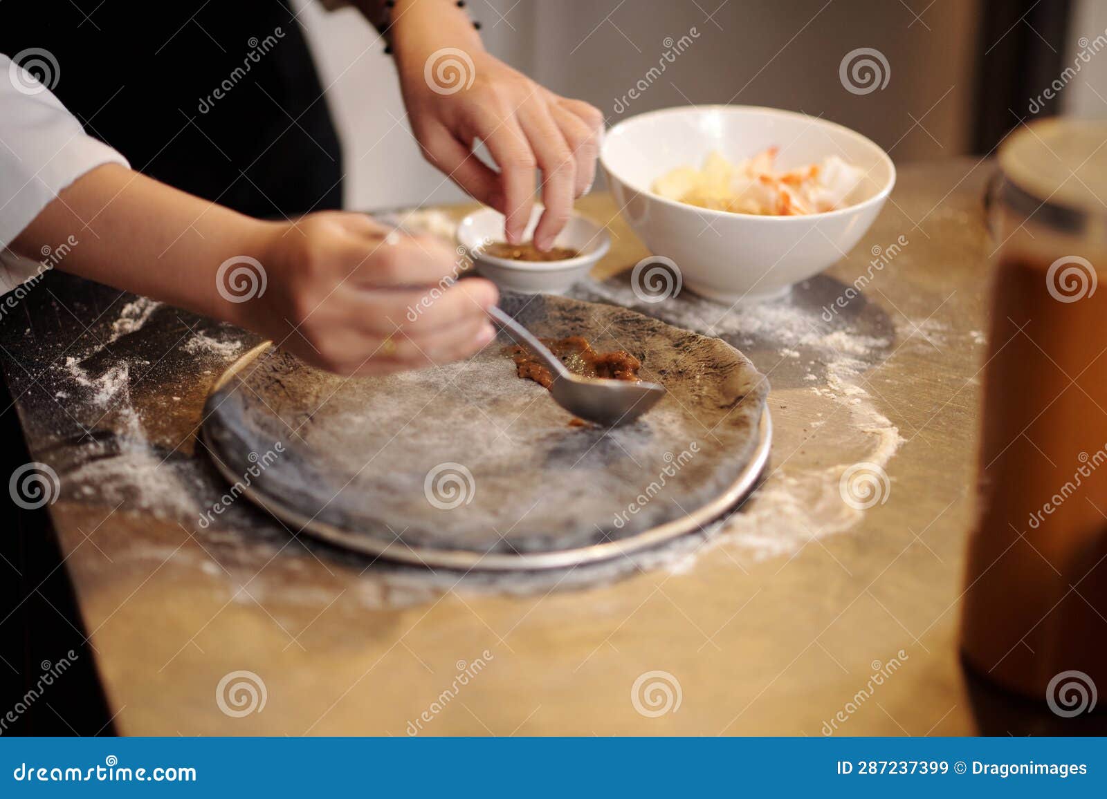 Baker Putting Toppings on Dough Stock Image - Image of dining, dish ...