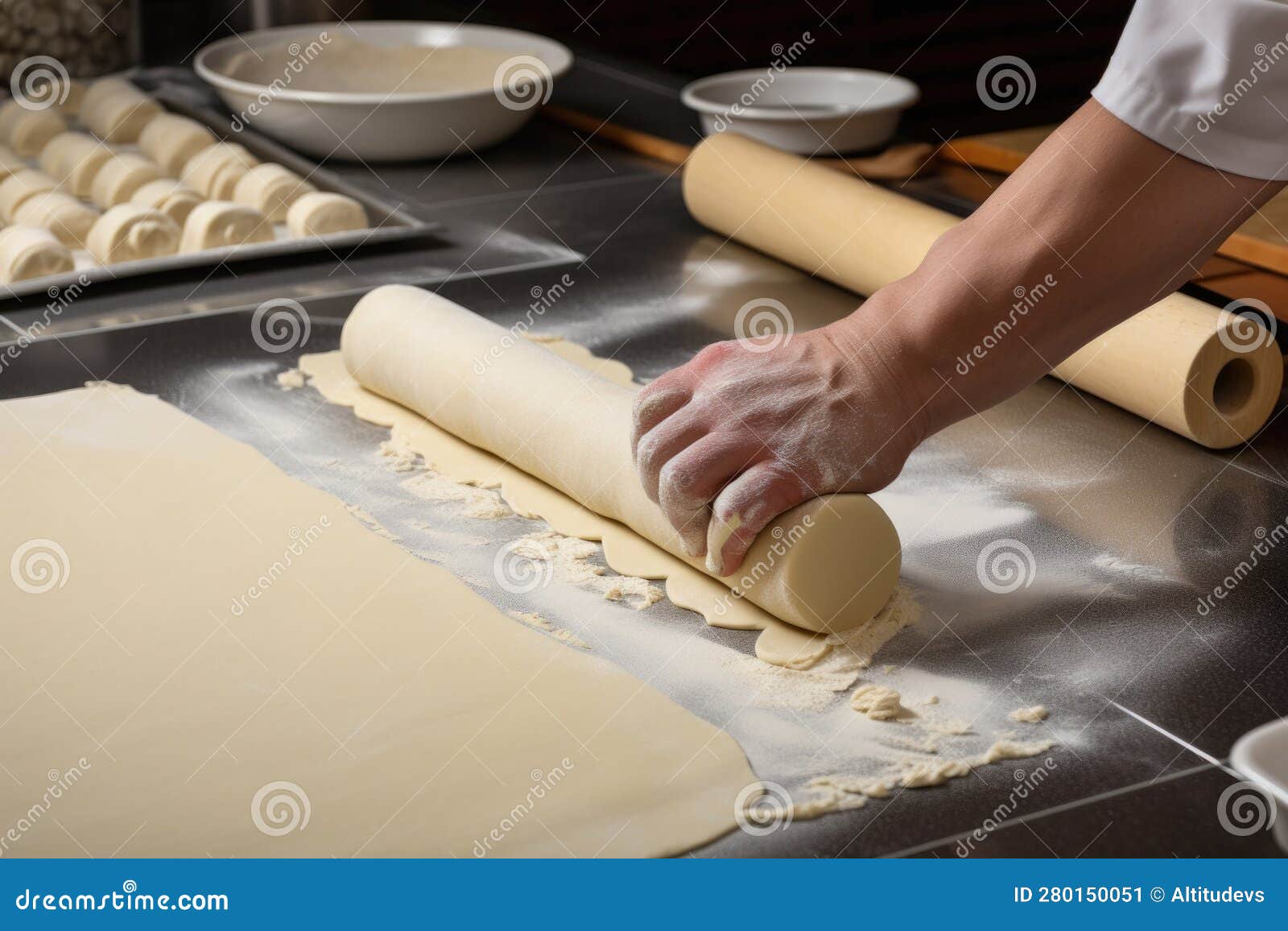 Baker Rolling Out Dough And Filling It With A Delicious Apple Mixture ...