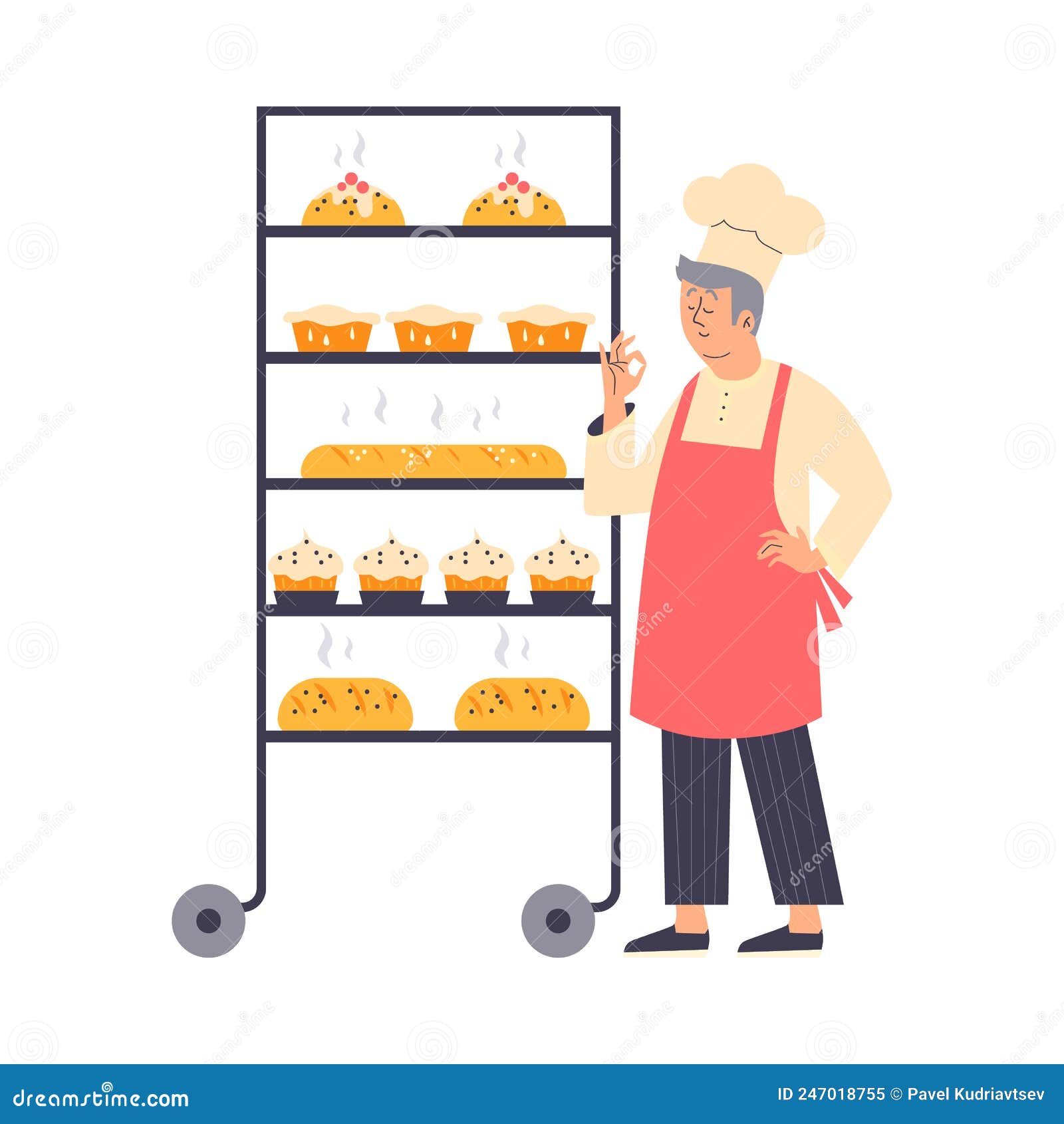 Baker Stands in Front of Rack with Ready-made Buns and Cakes, Vector ...