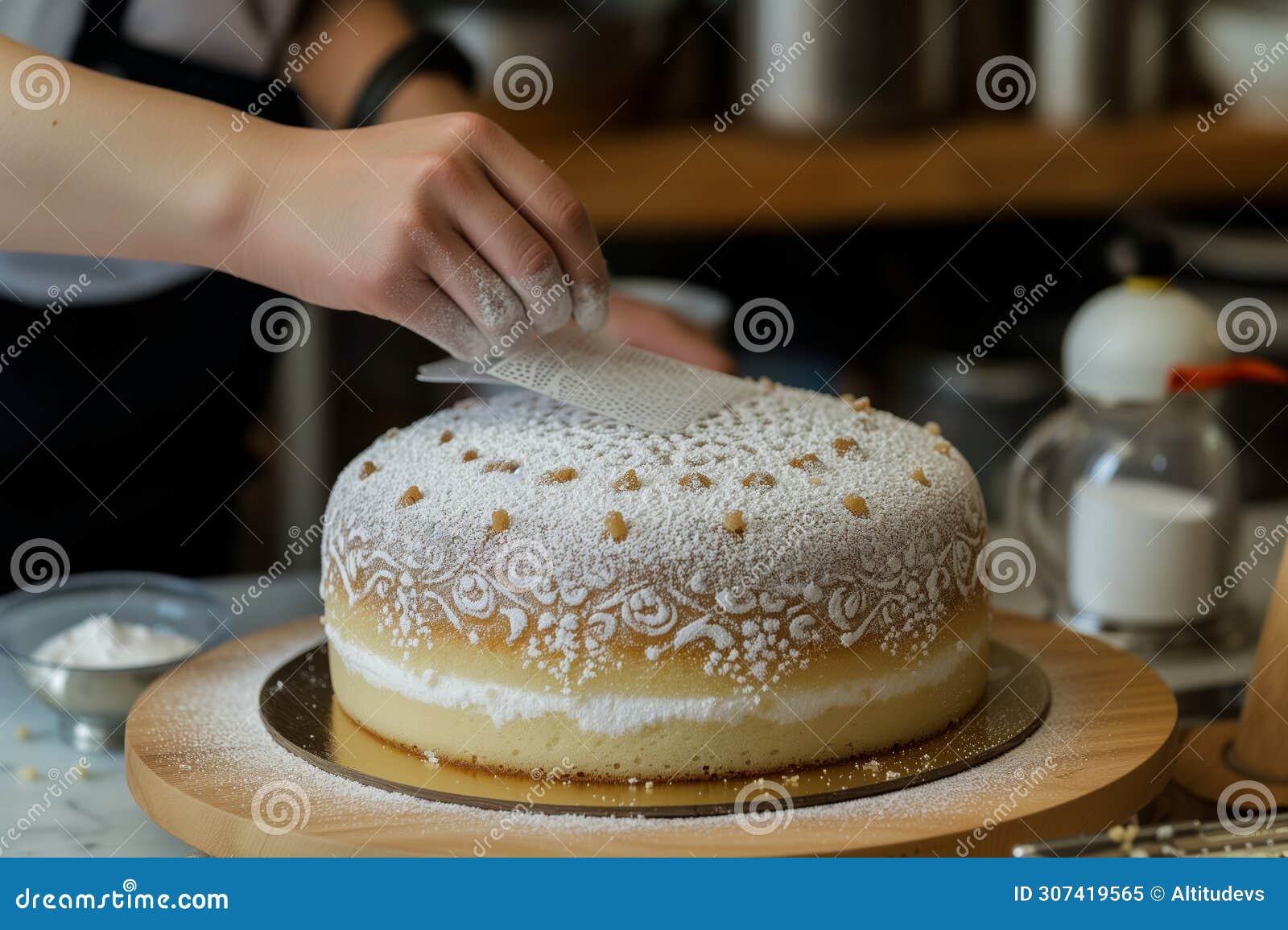 Baker Using a Stencil for Powdered Sugar Design on a Sponge Cake Stock ...