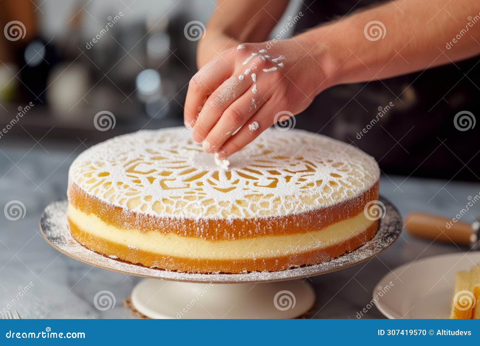 Baker Using a Stencil for Powdered Sugar Design on a Sponge Cake Stock ...