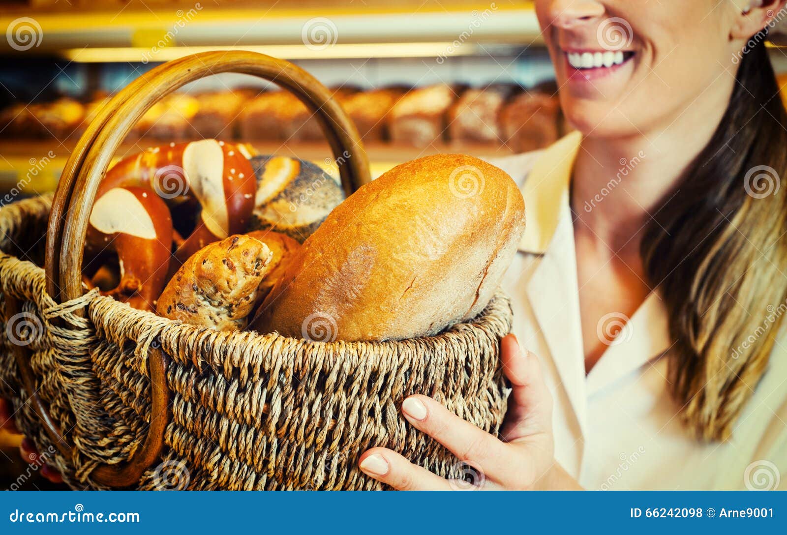 Baker Woman in Backer Selling Bread in Basket Stock Photo - Image of ...