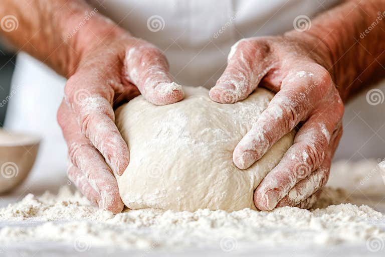 Bakers Hands Kneading Dough on a Floured Surface Stock Image - Image of ...