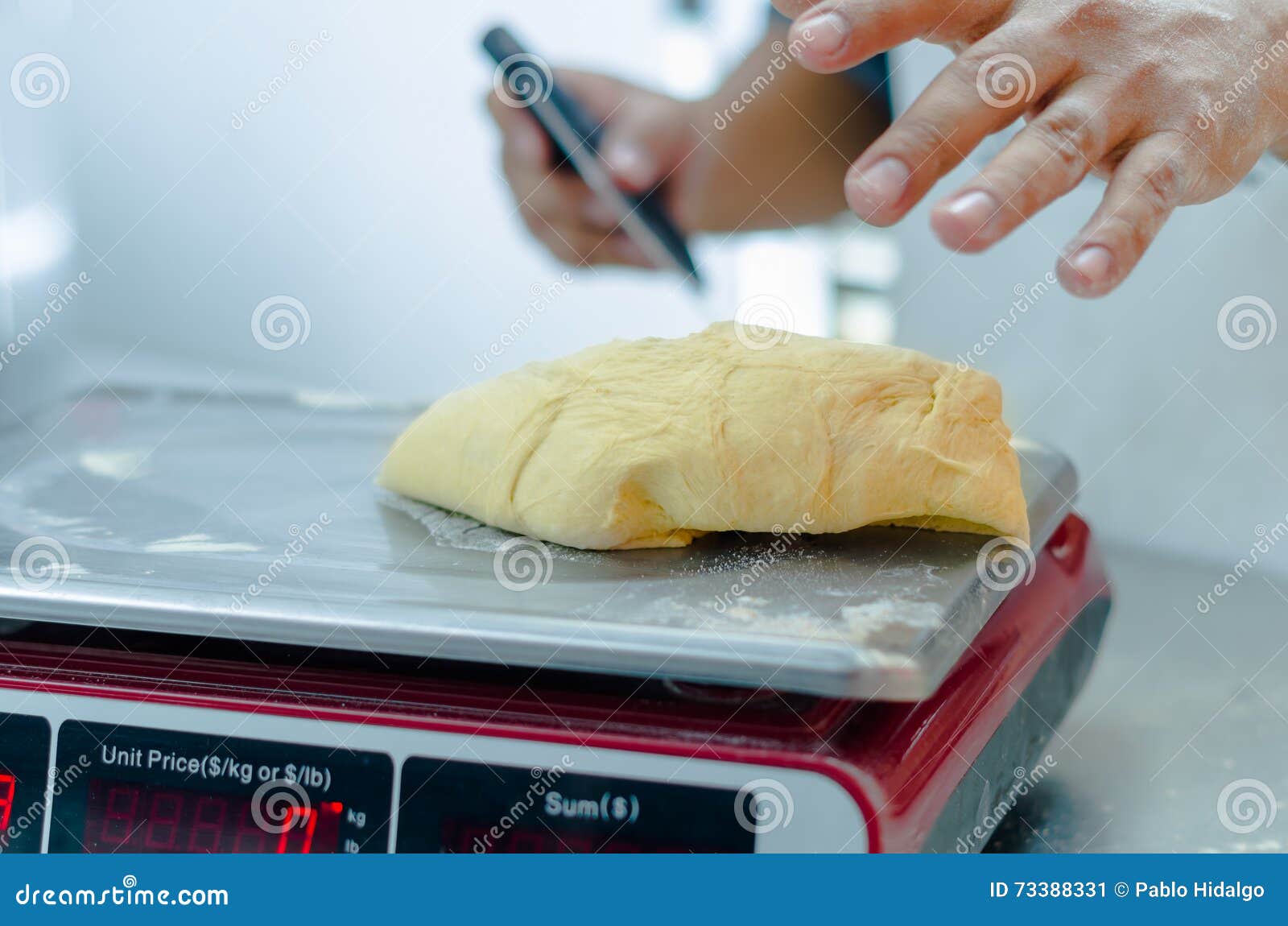 Bakers Hands Working and Weighing Bread Dough on Digital Scale Stock ...