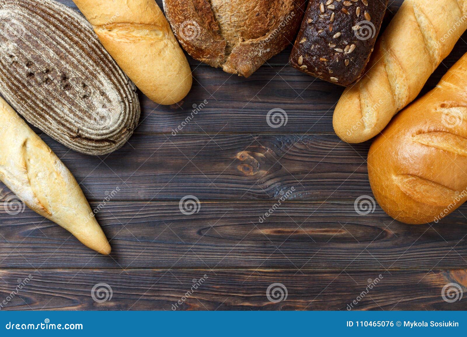 Bakery Background, Bread Assortment on Black Wooden Backdrop. Top View ...