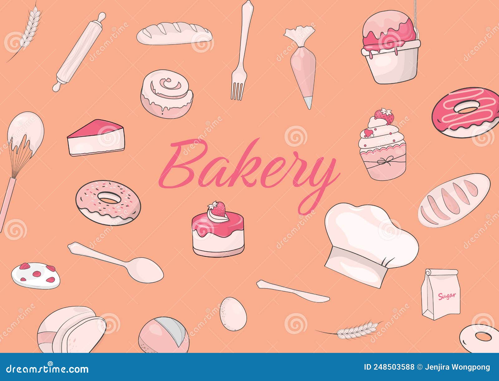 Bakery Background with Dessert and Baking Tools in Hand Drawn Style ...