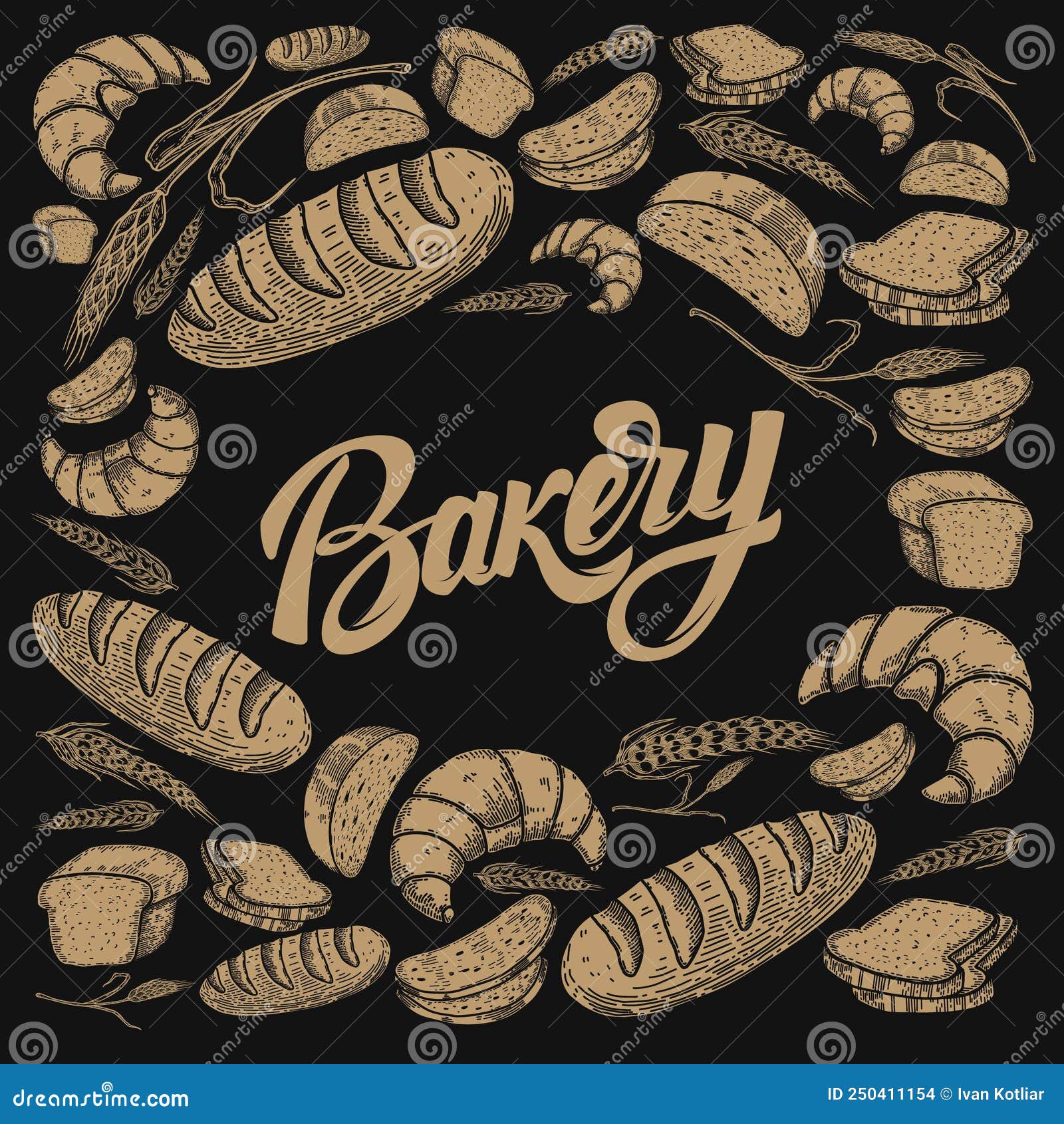 Bakery Background with Hand Drawn Bread Illustrations. Design Element ...