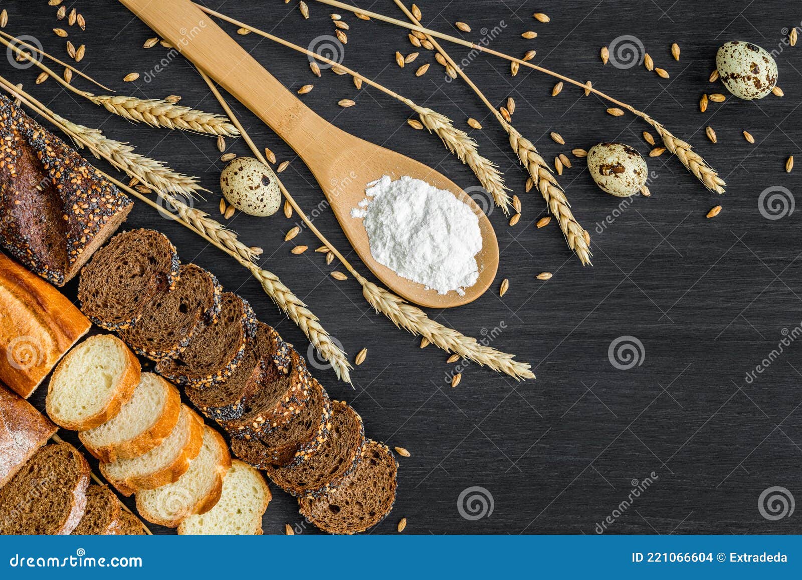 Bakery Background Top View. Crusty Buns and Loaves of Bread on Dark ...
