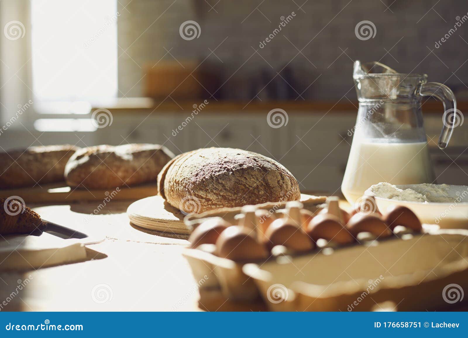 Bakery Baker Bread. Fresh Homemade Bread on a Table in the Kitchen ...