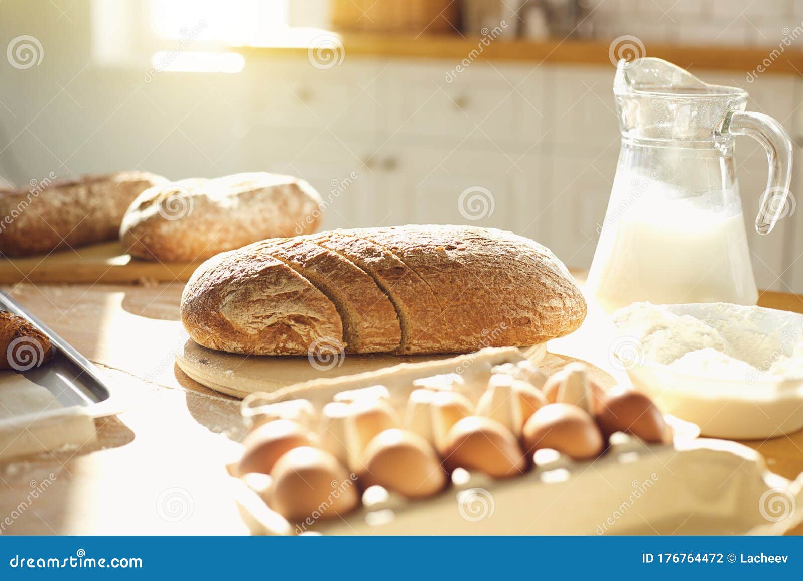 Bakery Baker Bread. Fresh Homemade Bread on a Table in the Kitchen ...