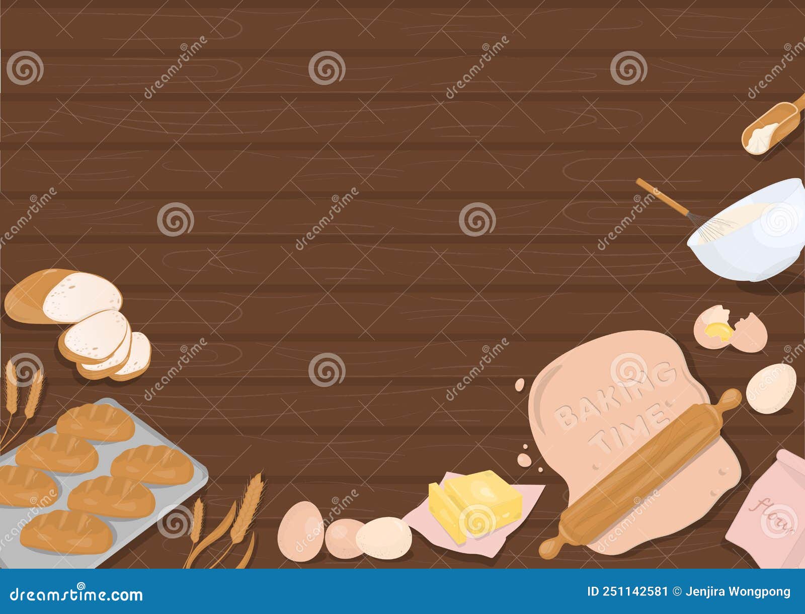 Bakery Baking with Bread and Tools on Wood Texture Background Stock ...