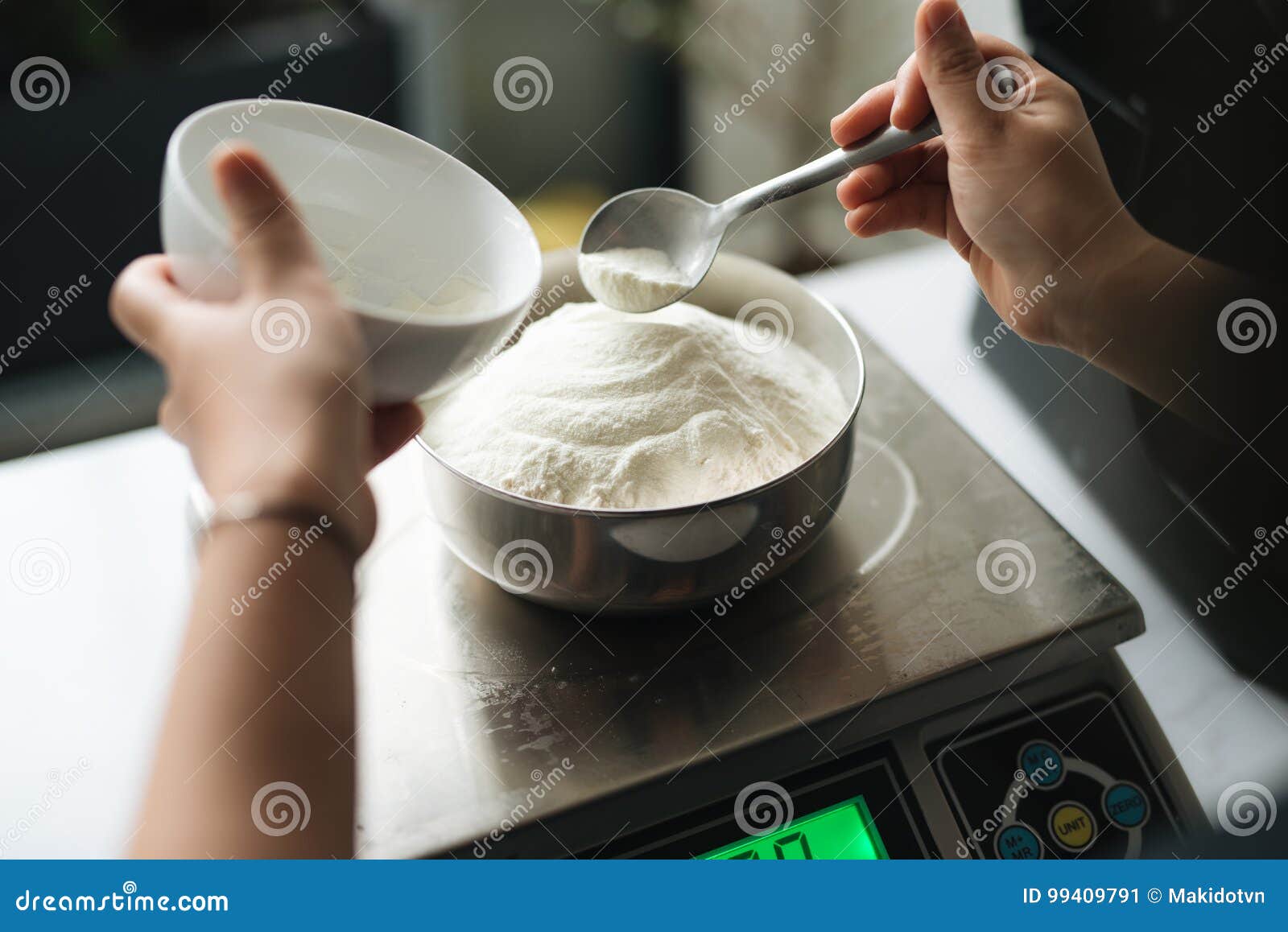 Bakery Chef Weighing Flour on the Digital Scale Stock Image - Image of ...