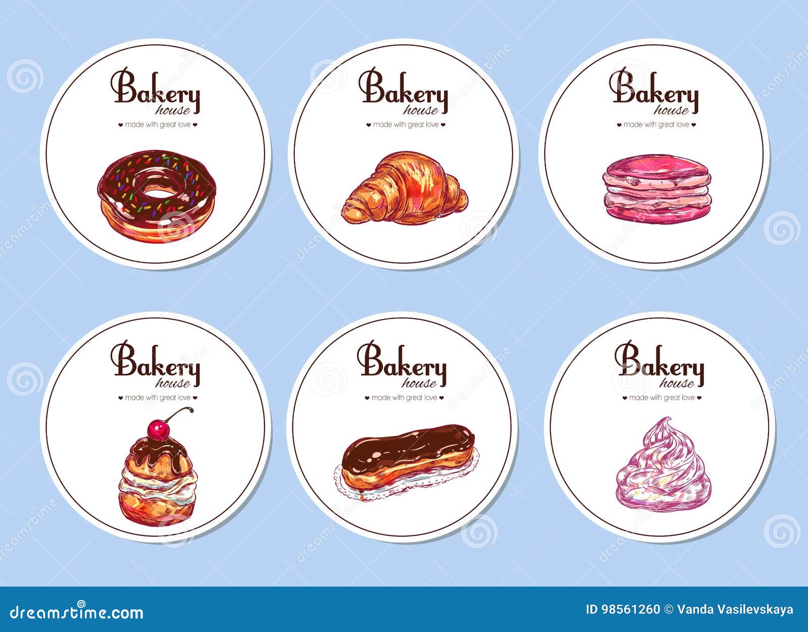 Bakery. Colorful Collection of Labels. Vector Hand Drawn Illustration ...
