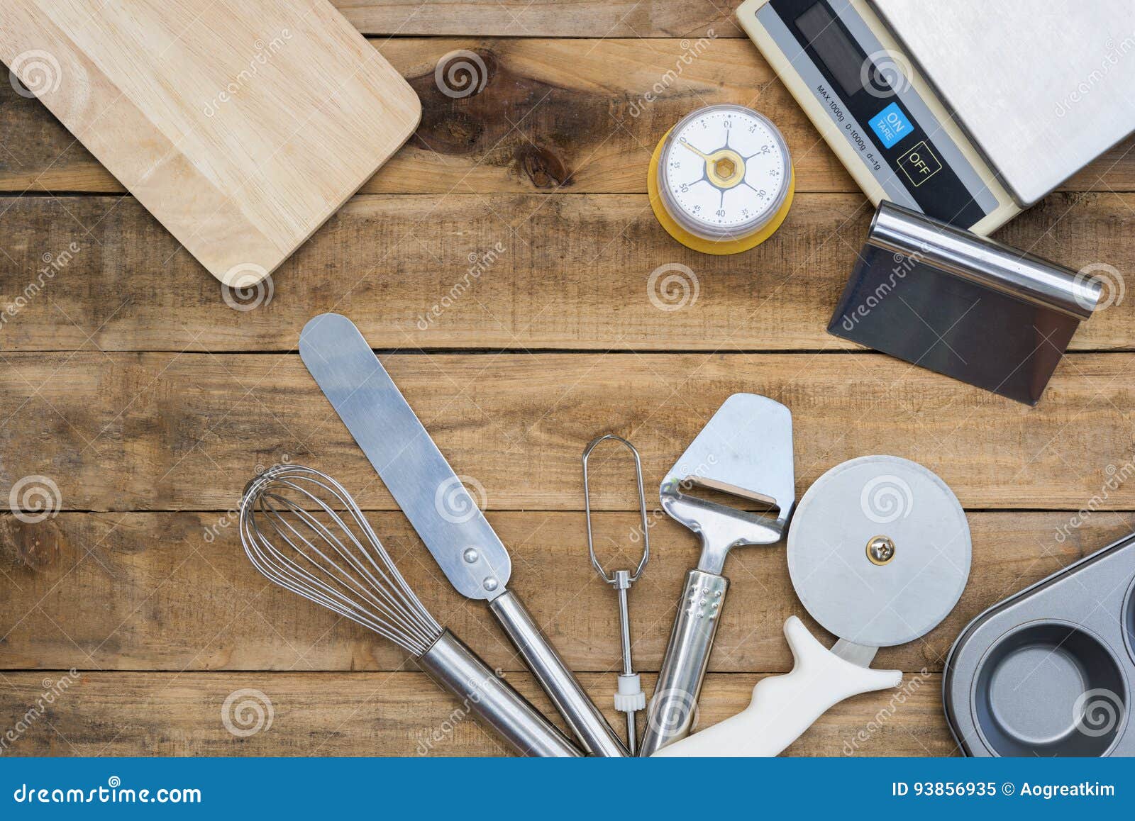 Bakery and Cooking Tools with Kitchen Timer, Scales on Wood Table Stock ...