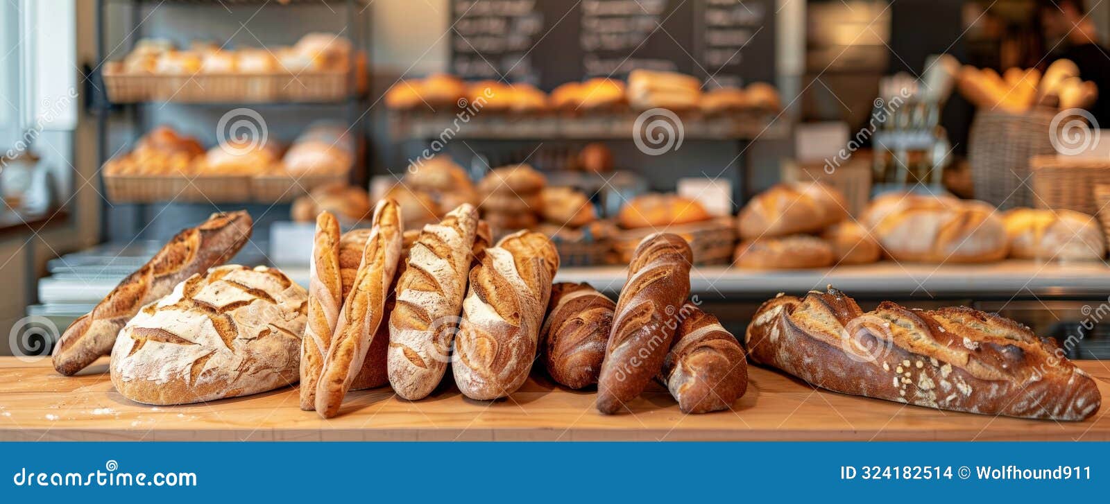 A Bakery Counter with Various Types of Bread, Including Baguettes ...