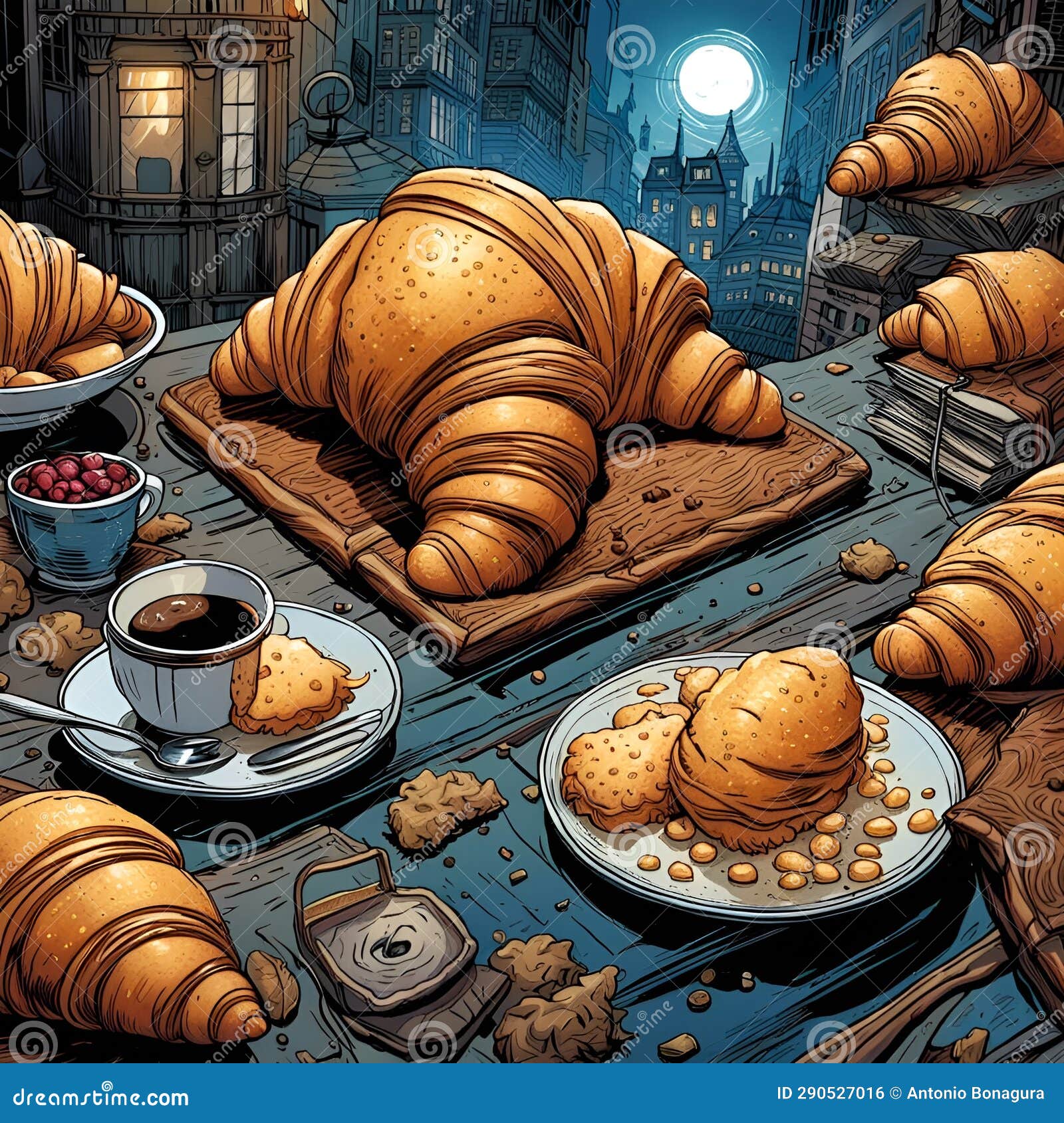 Bakery with Croissant in 90 S Comics Style Stock Illustration ...