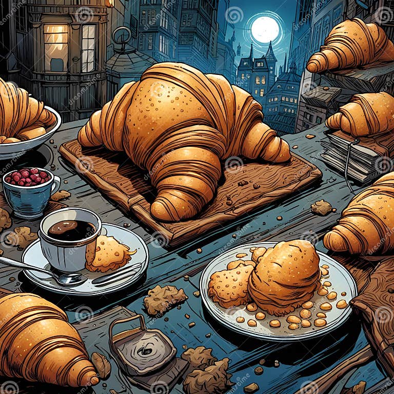 Bakery with Croissant in 90 S Comics Style Stock Illustration ...