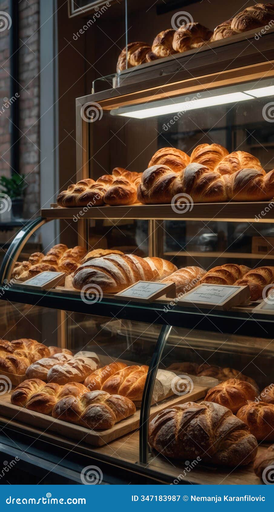 A Bakery Display Case with a Variety of Breads, Including Croissants ...