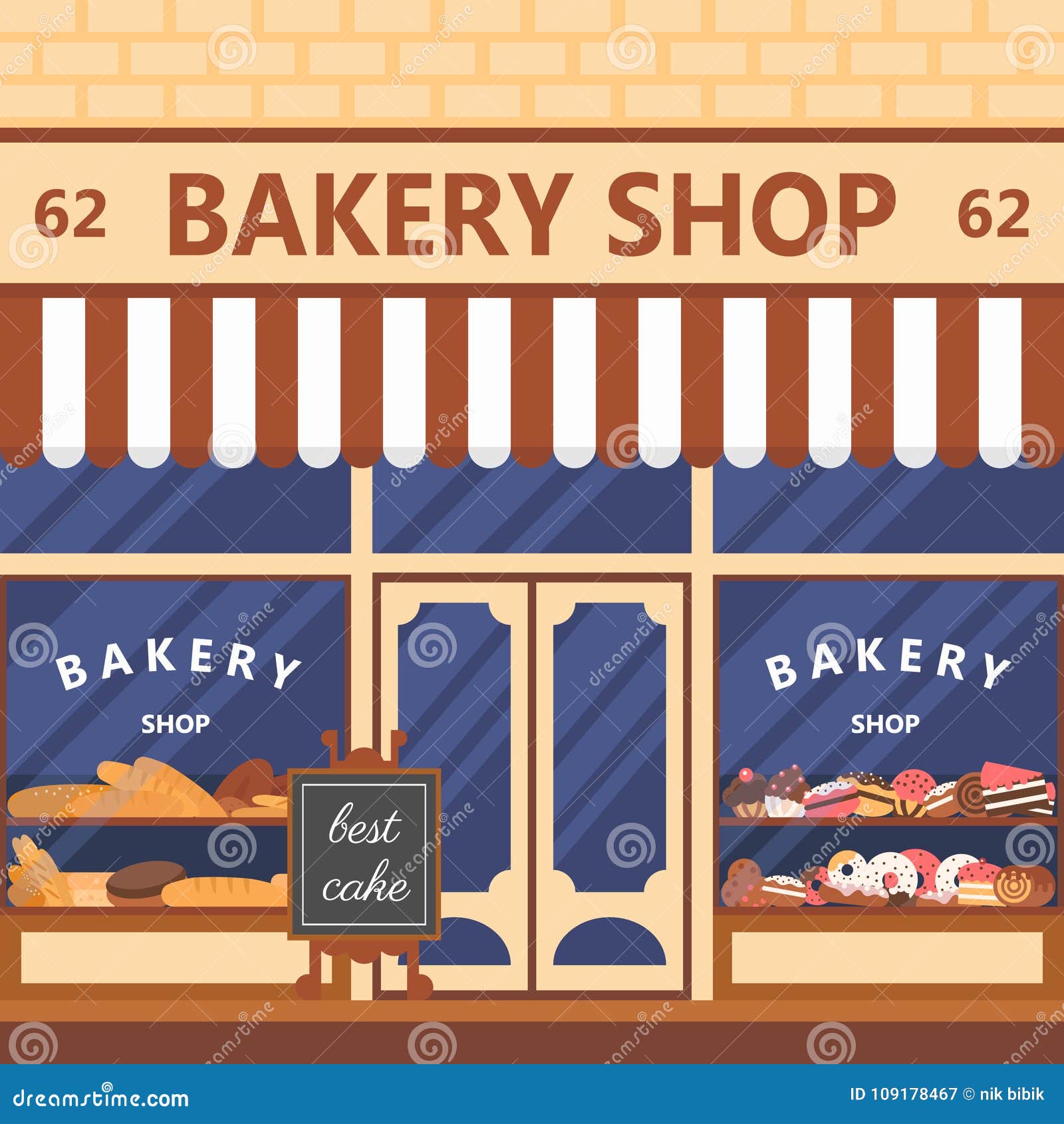 Bakery Facade. Showcase with Sweets. Cakes and Bread Stock Vector ...