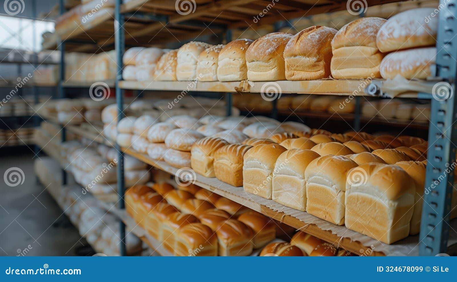 Bakery Factory with Assorted White Bread on Shelves for Manufacturing ...