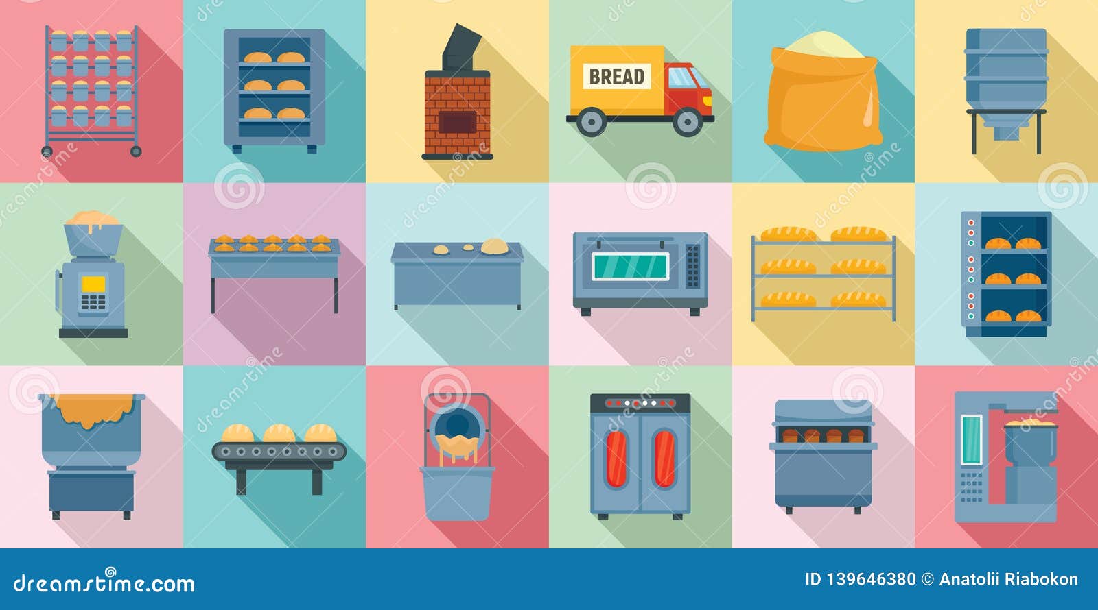 Bakery Factory Icons Set, Flat Style Stock Vector - Illustration of ...