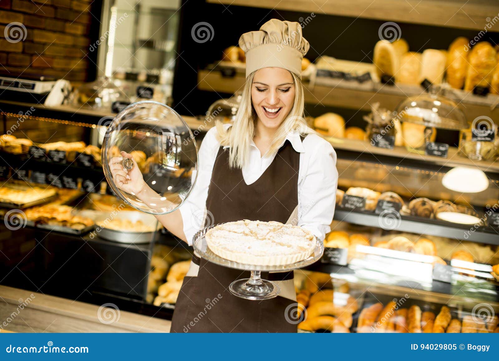 Bakery Female Worker Posing with Apple Tart in Baker Shop Stock Image ...