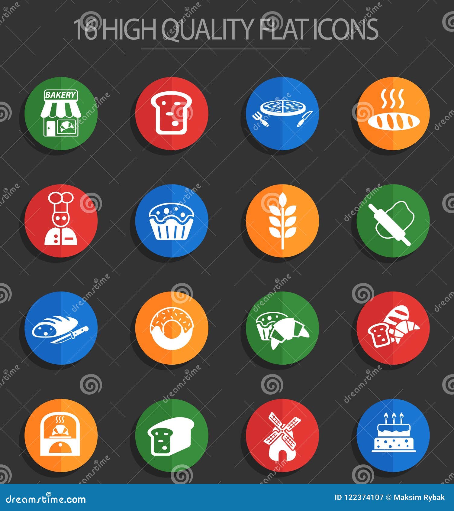 Bakery 16 flat icons stock vector. Illustration of dough - 122374107