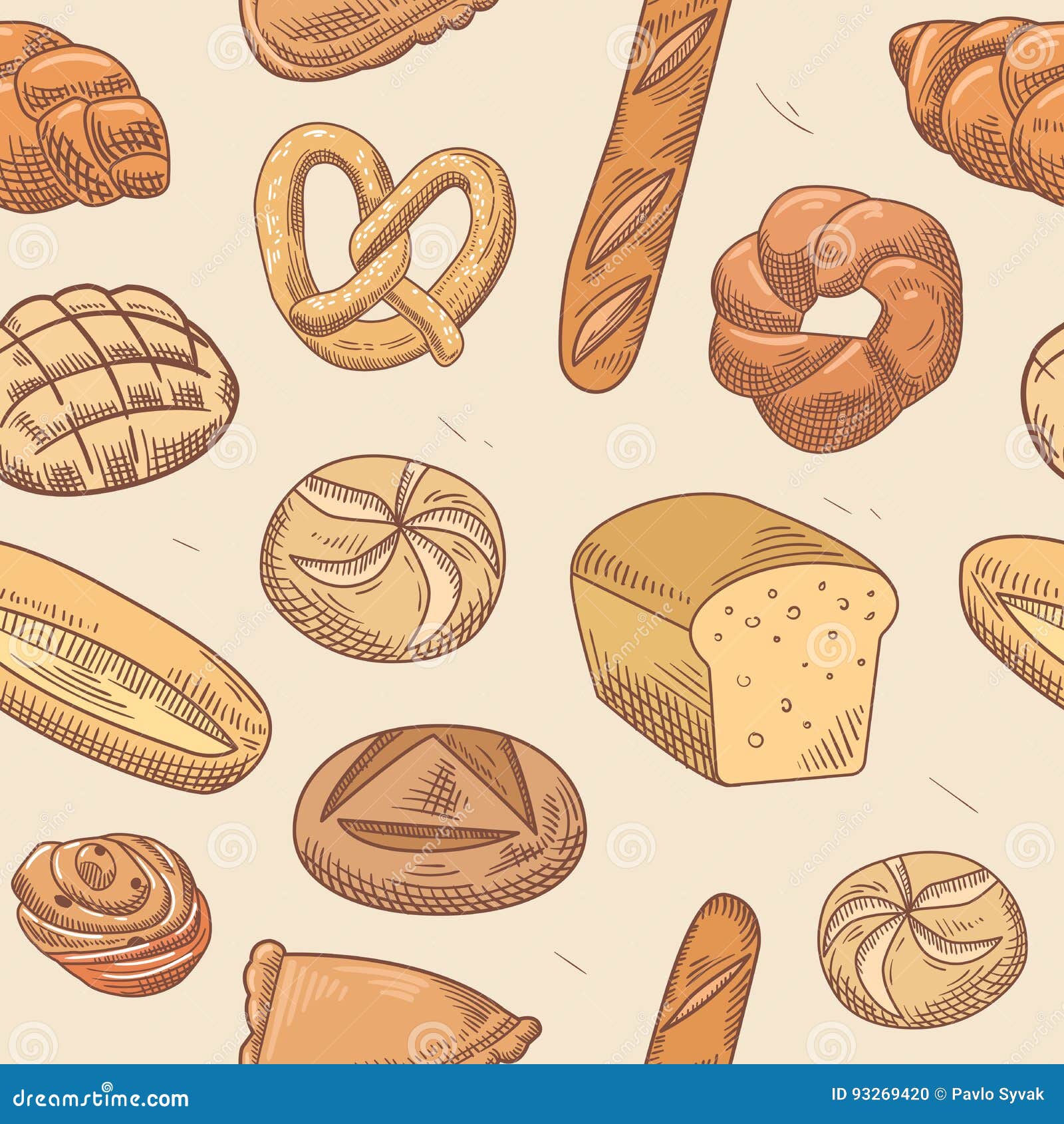 Bakery Hand Drawn Seamless Pattern. Fresh Bread and Buns Background ...